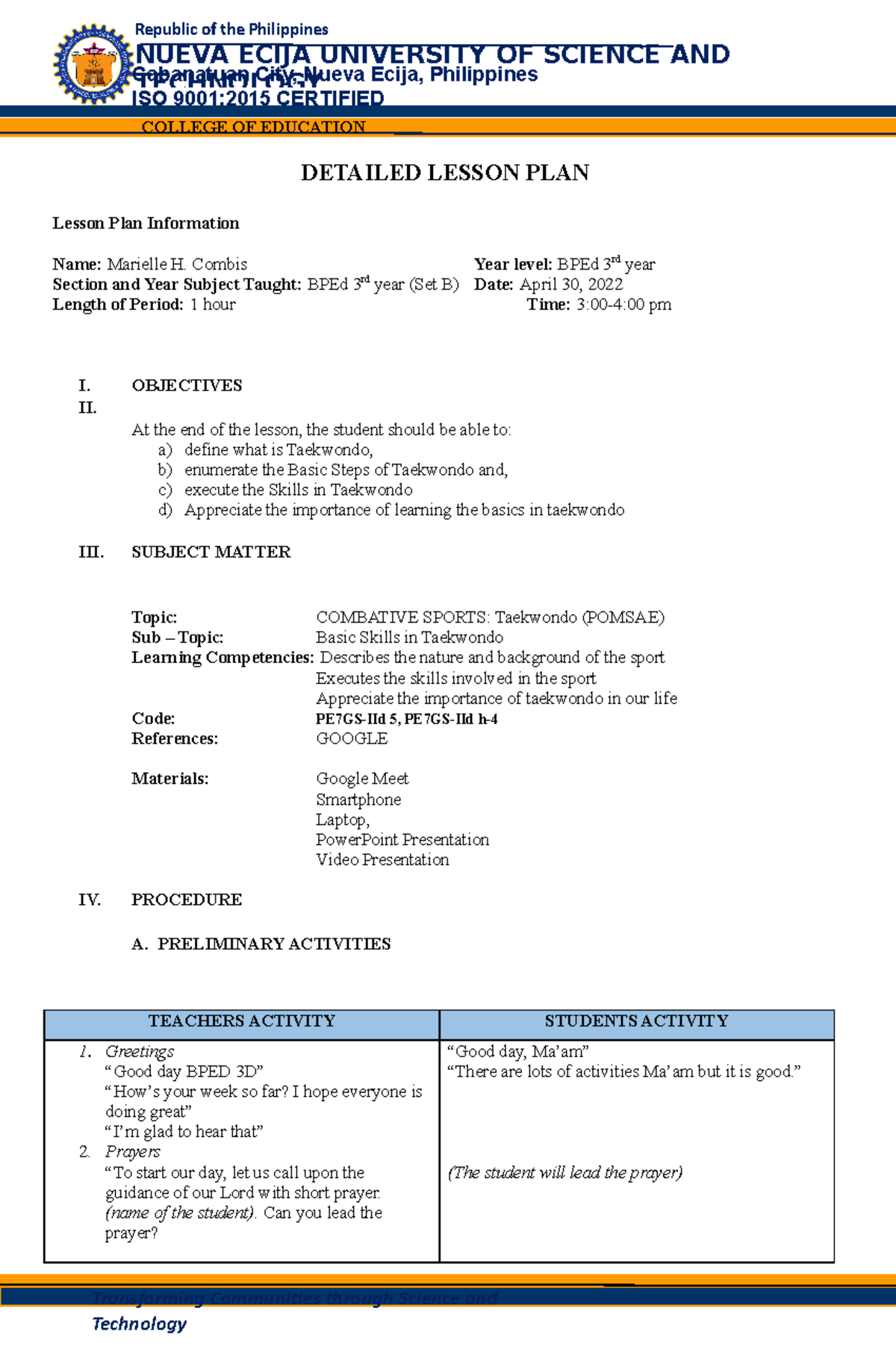 DETAILED LESSON PLAN FOR TAEKWONDO (BPEd 3) - Studocu