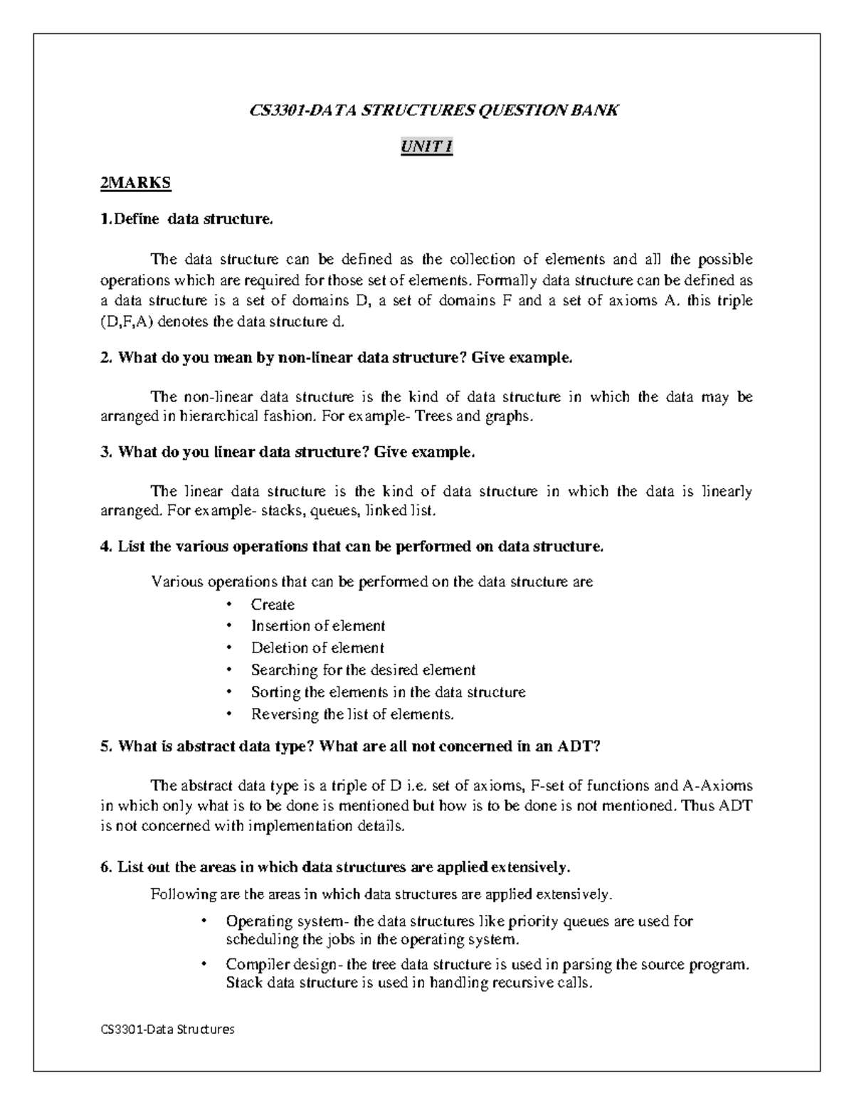 CS3301-DS Question Bank: Data Structures Concepts and Operations - Studocu
