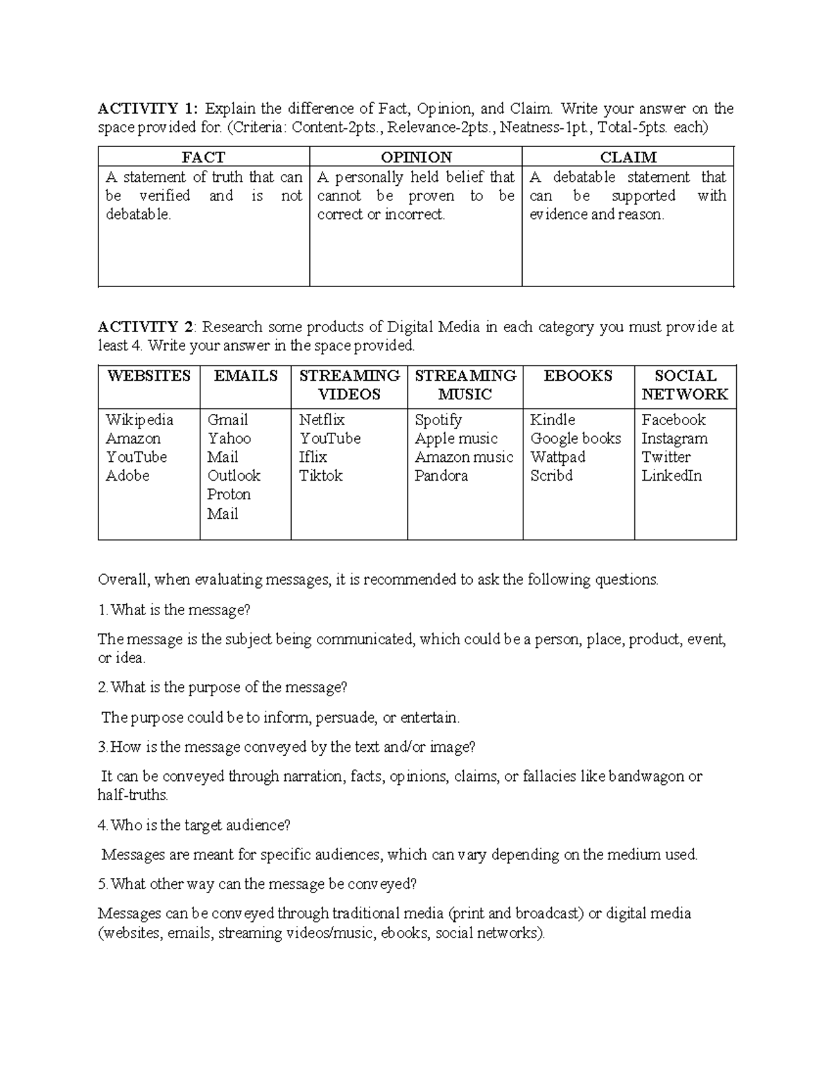 ACTIVITY 1 & 2: Understanding Fact, Opinion, Claim & Digital Media ...