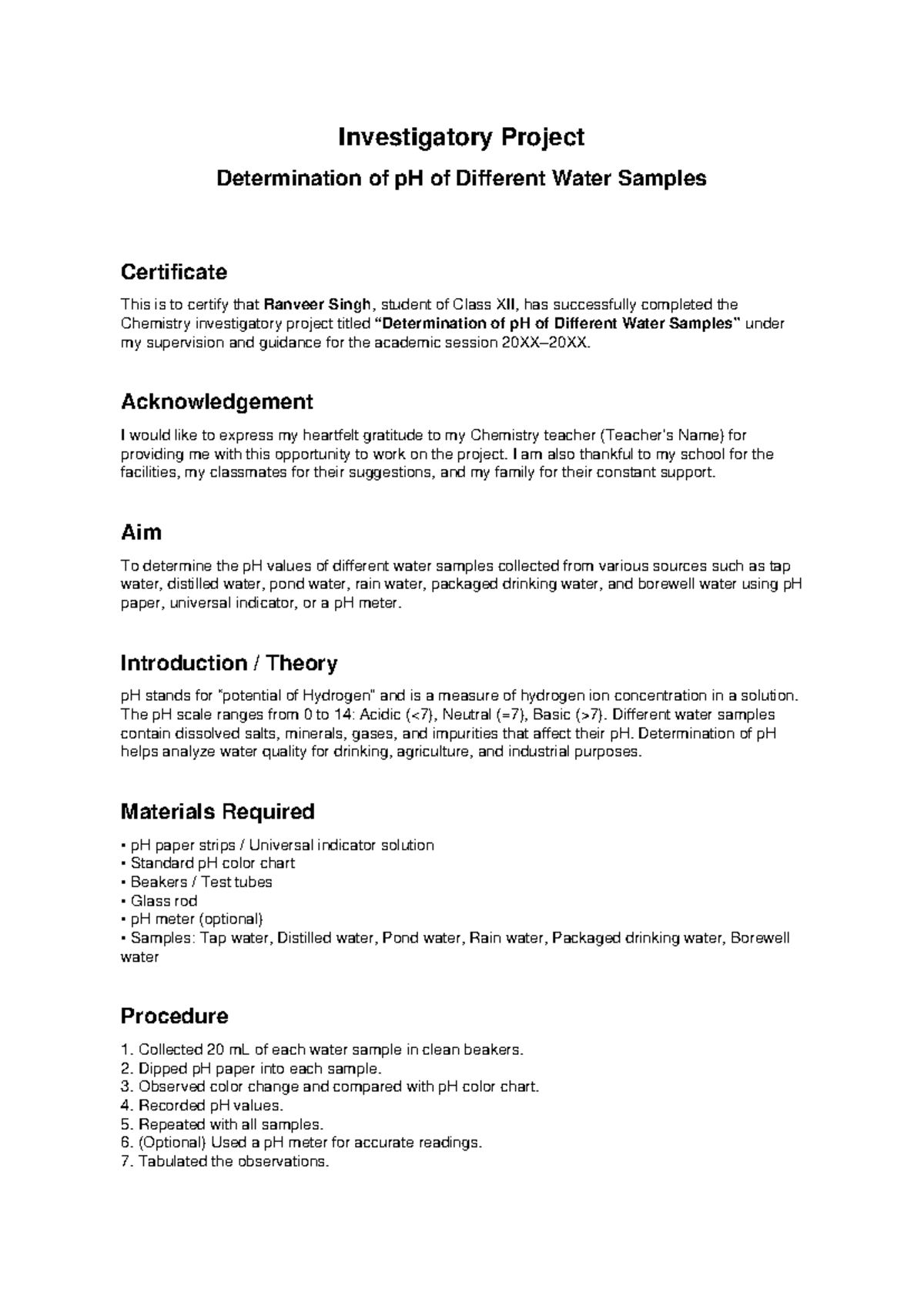 Chemistry Investigatory Project: pH Analysis of Water Samples - Studocu
