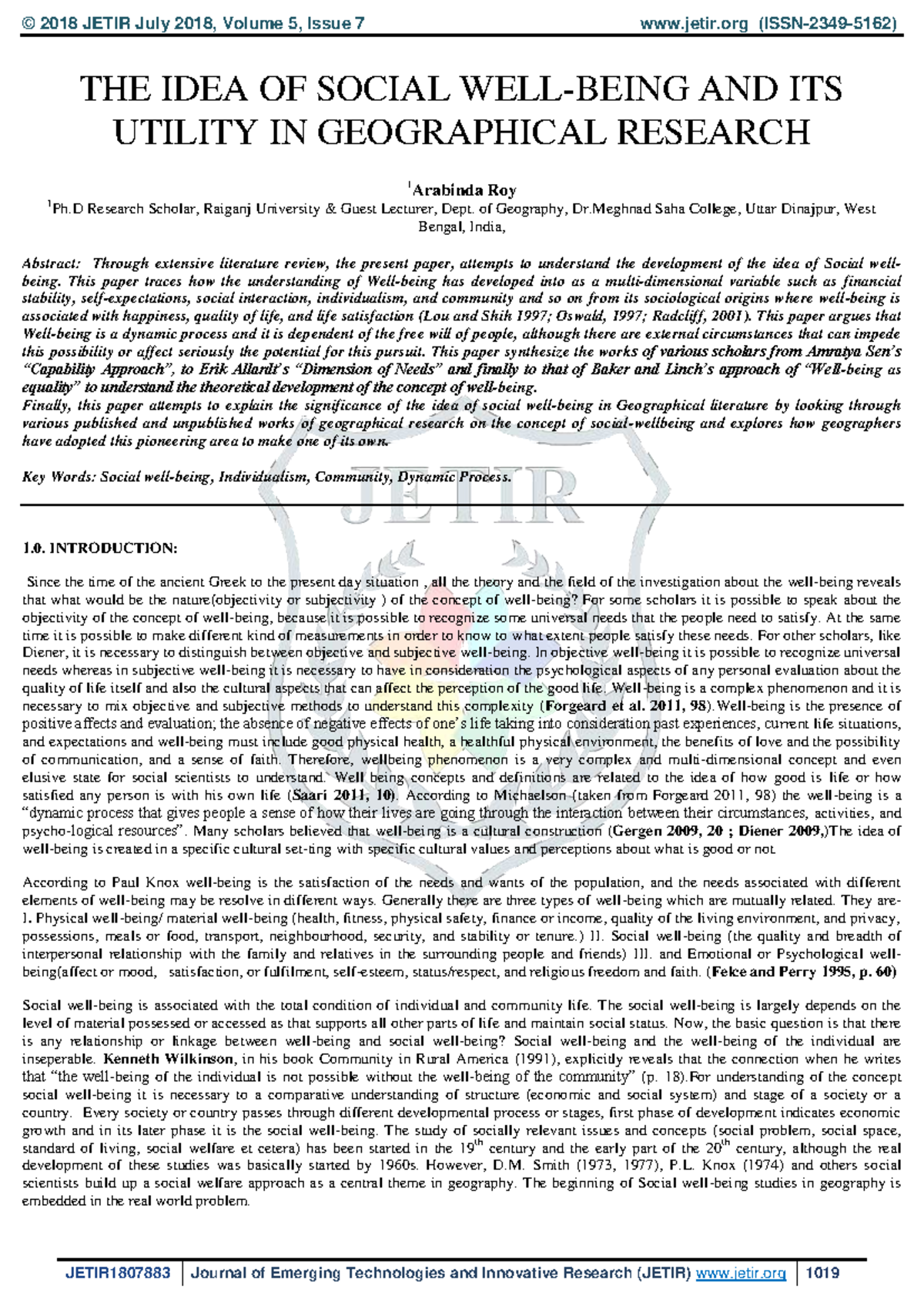 JETIR1807883 - The Concept of Social Wellbeing in Geographical Research ...
