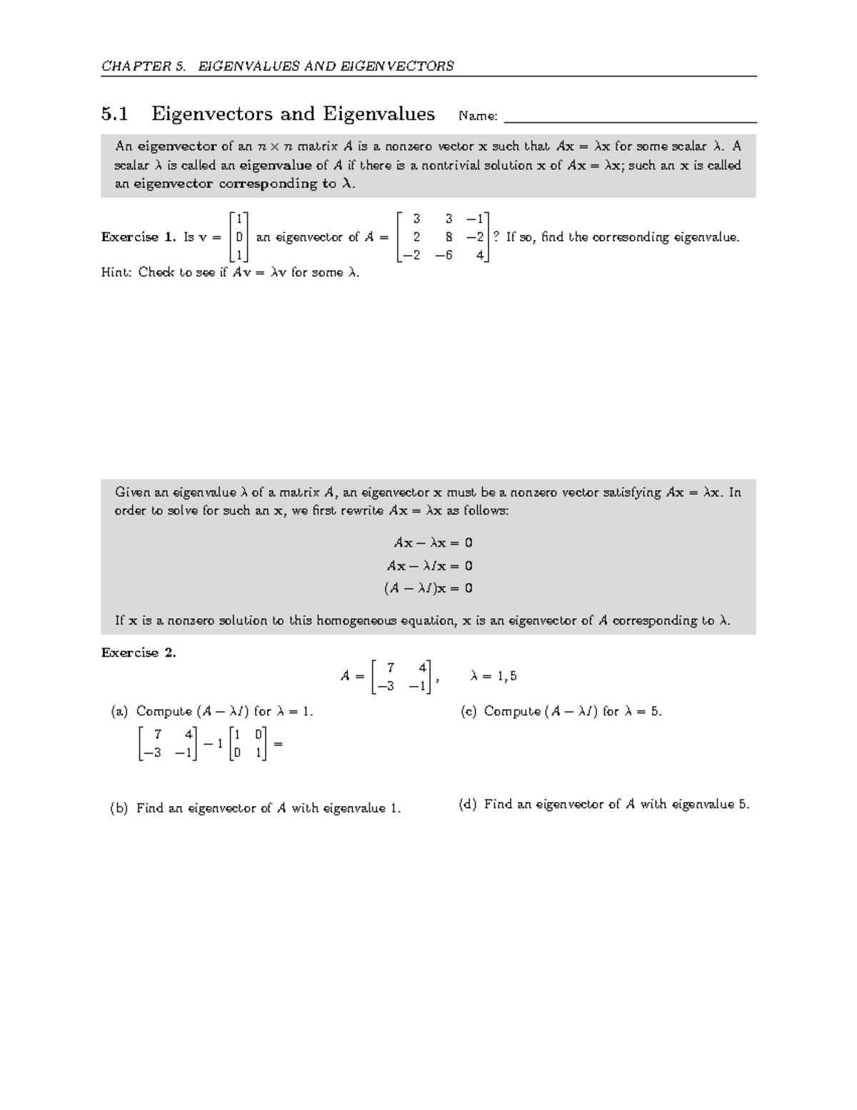 5 1 Worksheet Eigenvalues And Eigenvectors In Linear Algebra Studocu