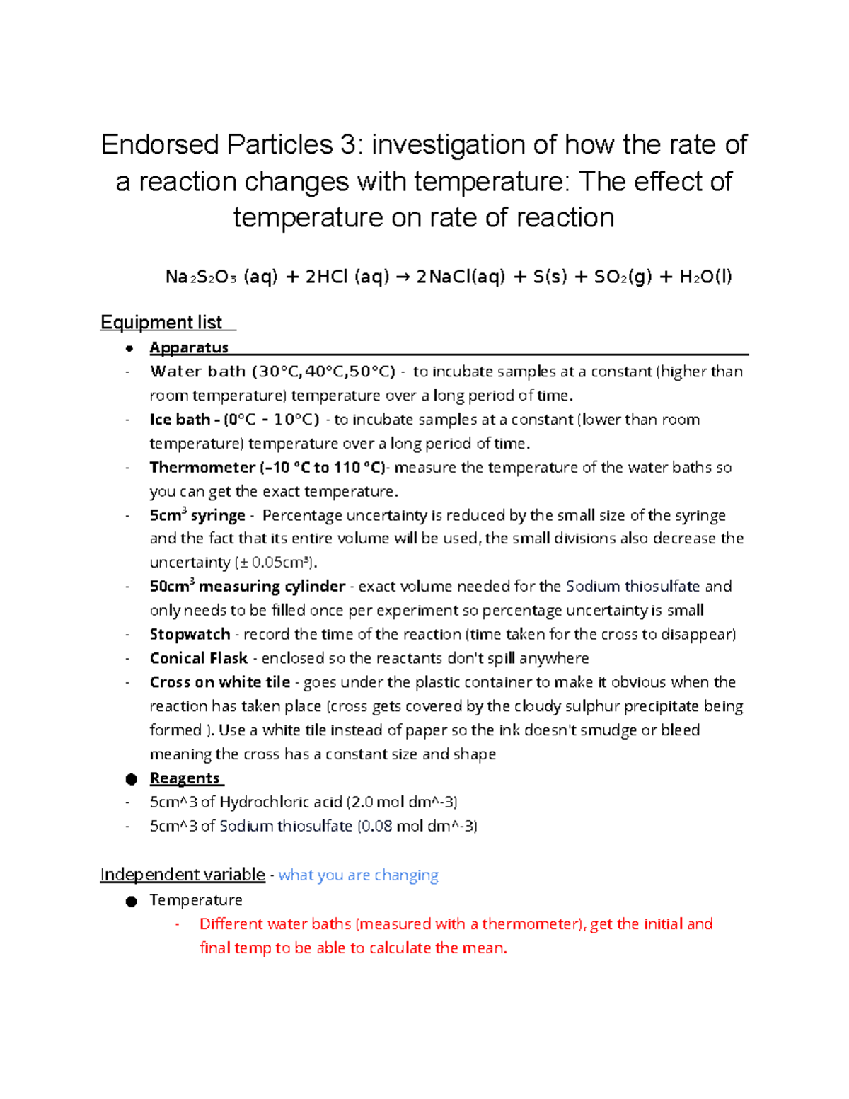 Investigation of Temperature Effects on Reaction Rate (Chem 3 Practical ...