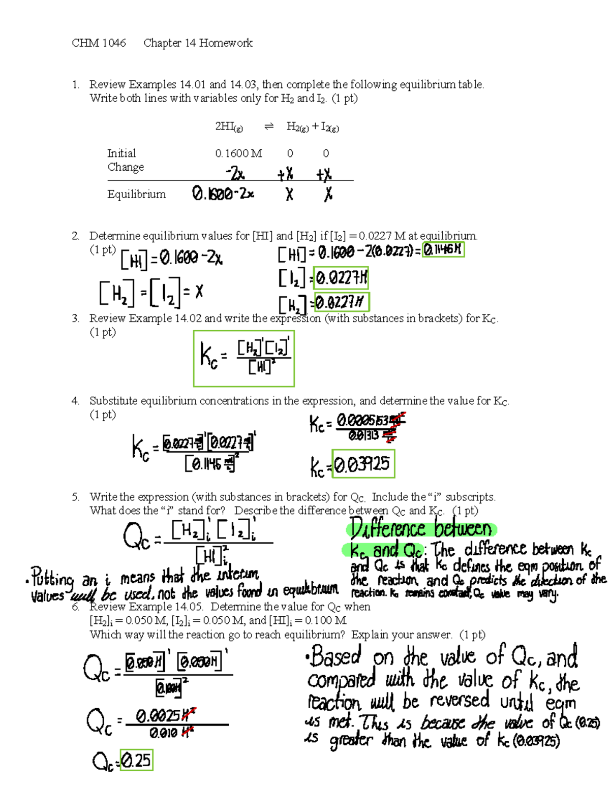 CHM 1046 Chapter 14 Homework: Equilibrium Calculations and Analysis ...