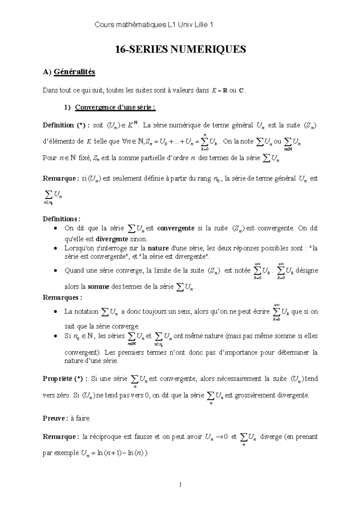 16-Séries - Cours mathématiques L1 Univ Lille 1 - 16-SERIES NUMERIQUES ...