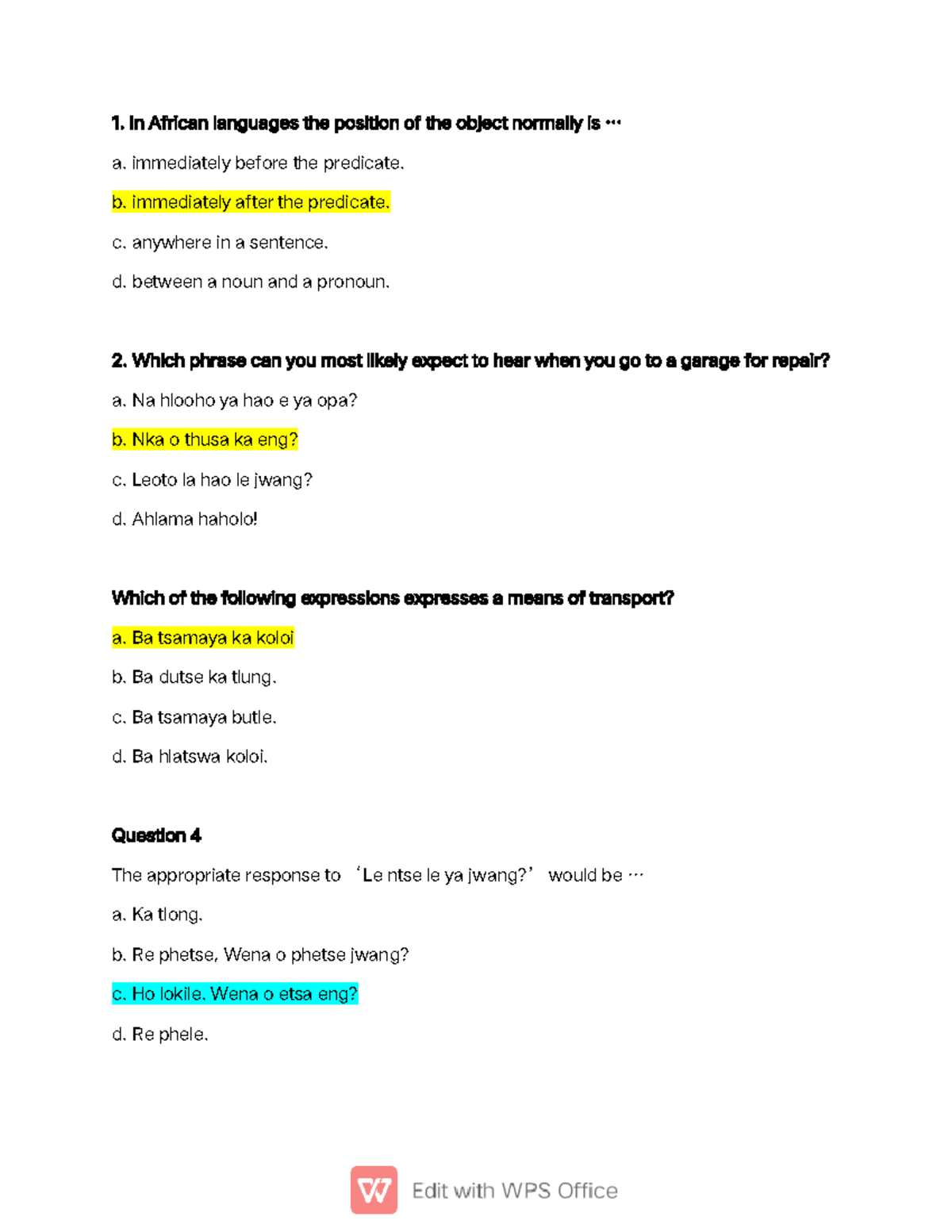 Sesotho Language Quiz Questions and Answers - Studocu