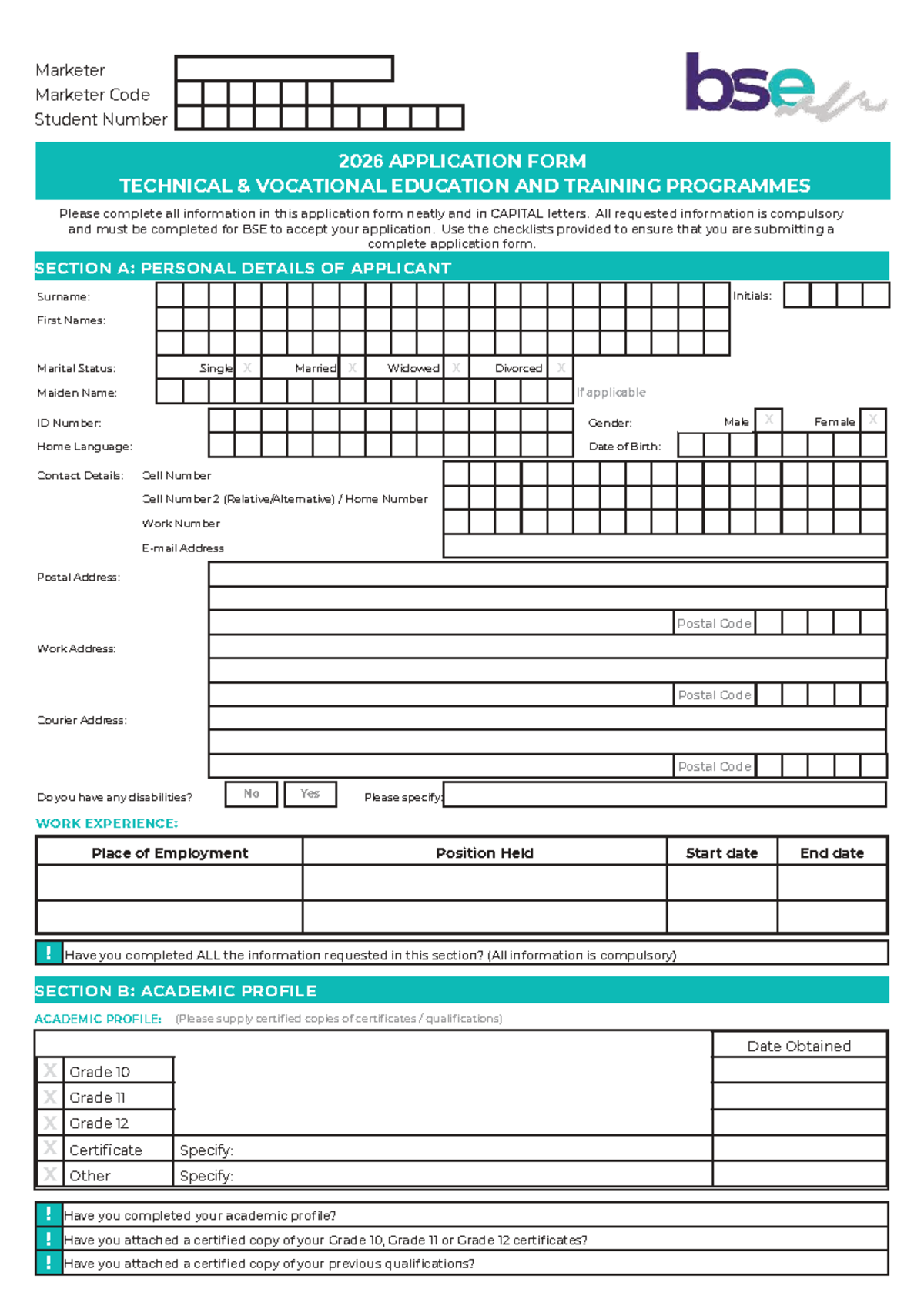 BSE Application Form 2026 for TVET Programmes - Studocu