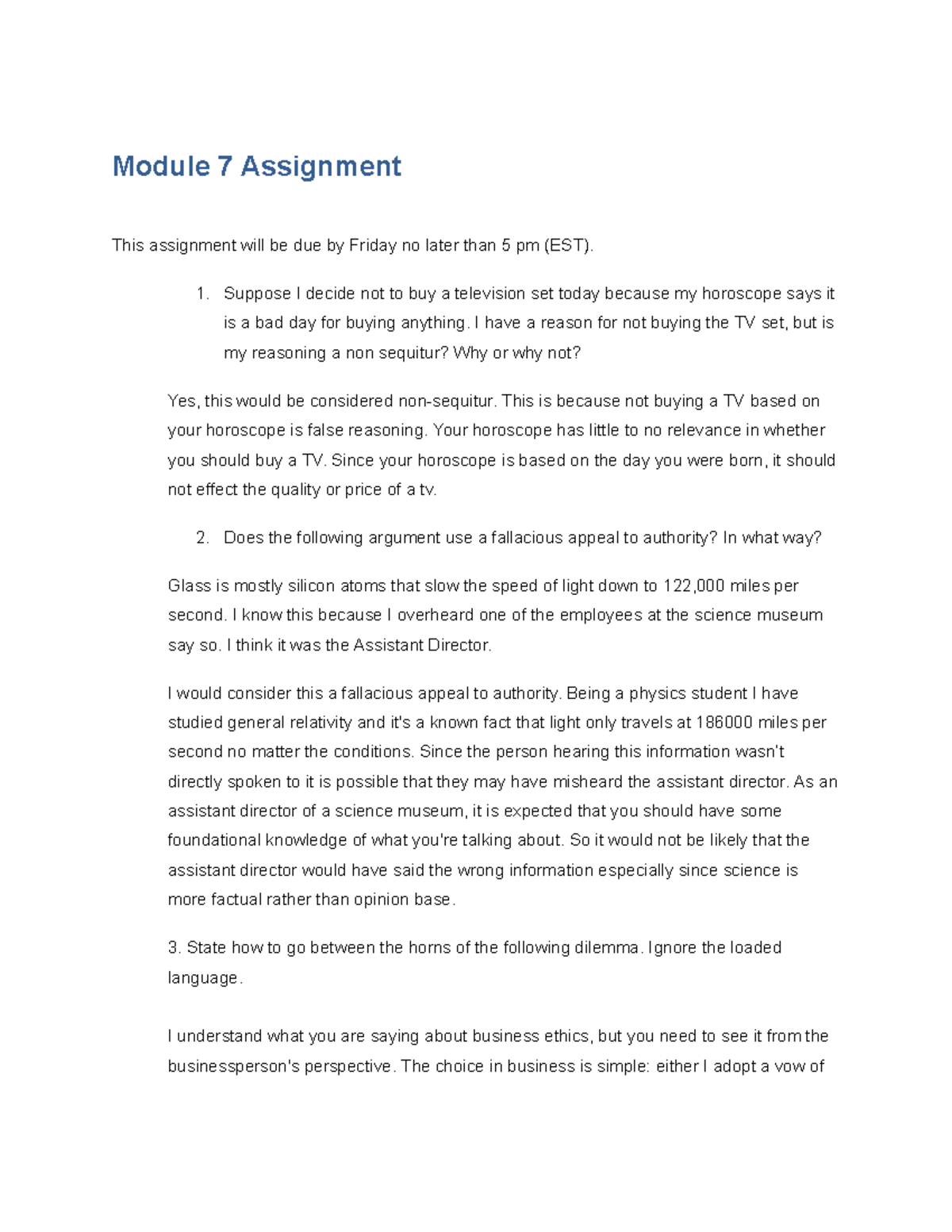 Module 7: Assignment 2 on Fallacies and Reasoning Analysis - Studocu