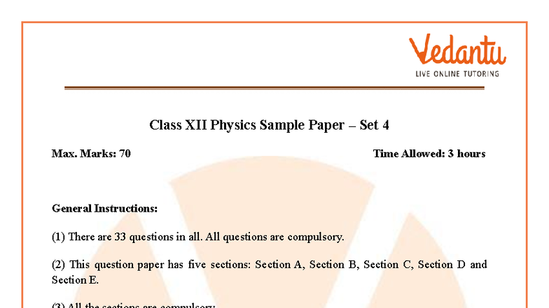 CBSE Class 12 Physics Sample Paper Set 4 (2024-25) - Max Marks: 70 ...