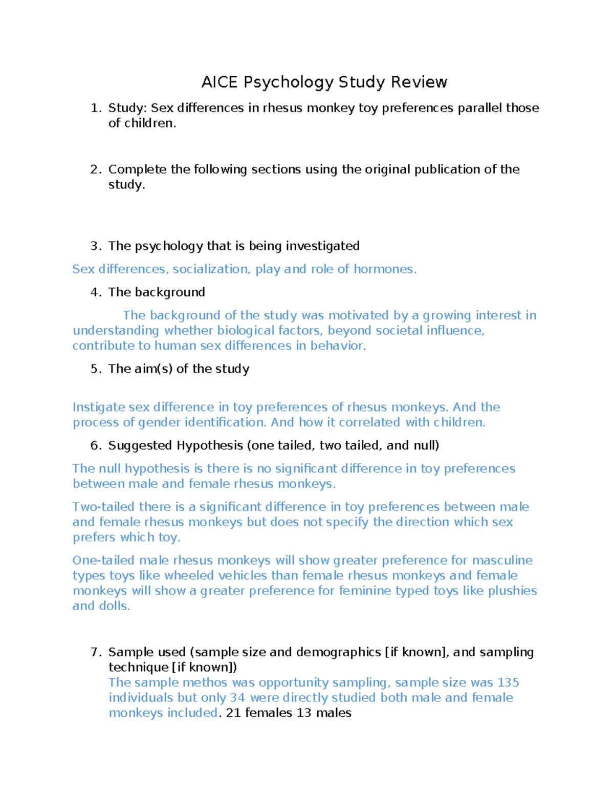 AICE Psychology Final Exam Review: Sex Differences in Toy Preferences ...