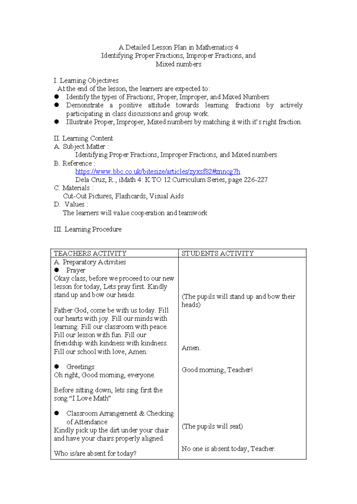 Lesson Plan MATH 4: Identifying Fractions & Mixed Numbers - Studocu