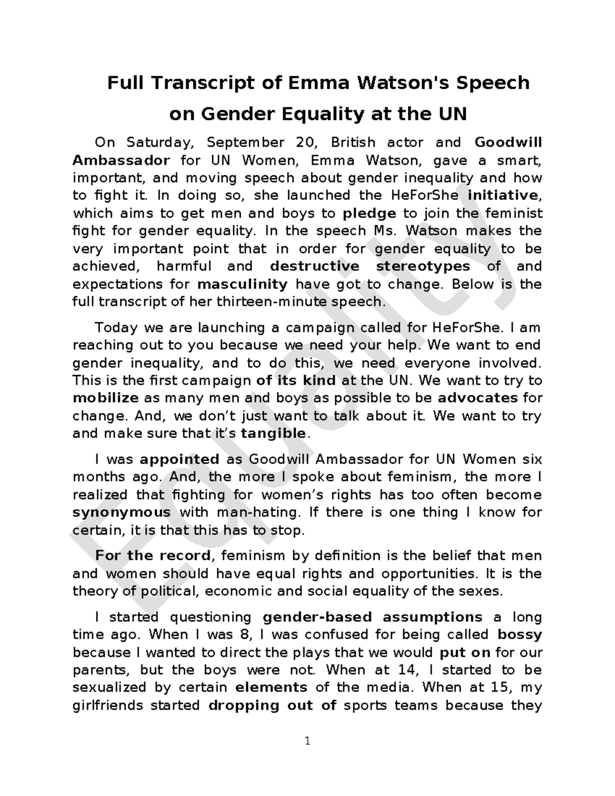 Full Transcript of Emma Watson's UN Speech on Gender Equality - Studocu