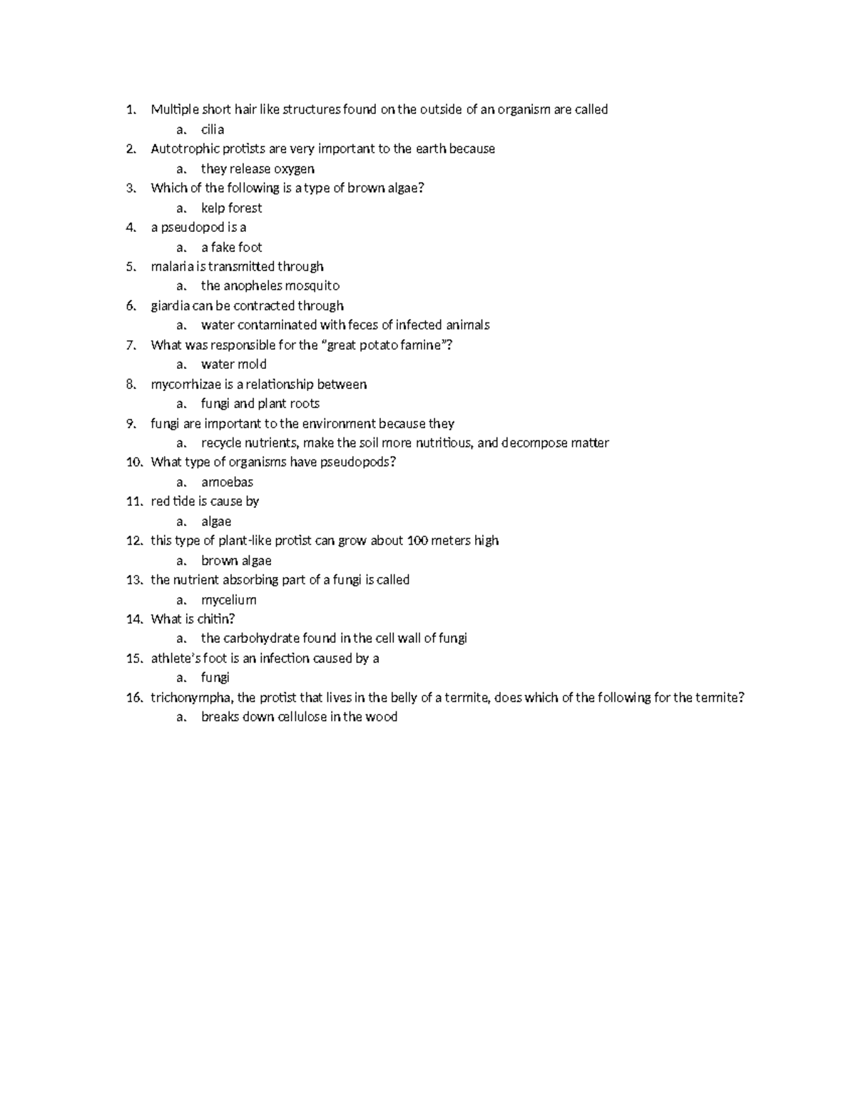 Biology Quiz Review: Protists & Fungi (Course Code: BIO101) - Studocu