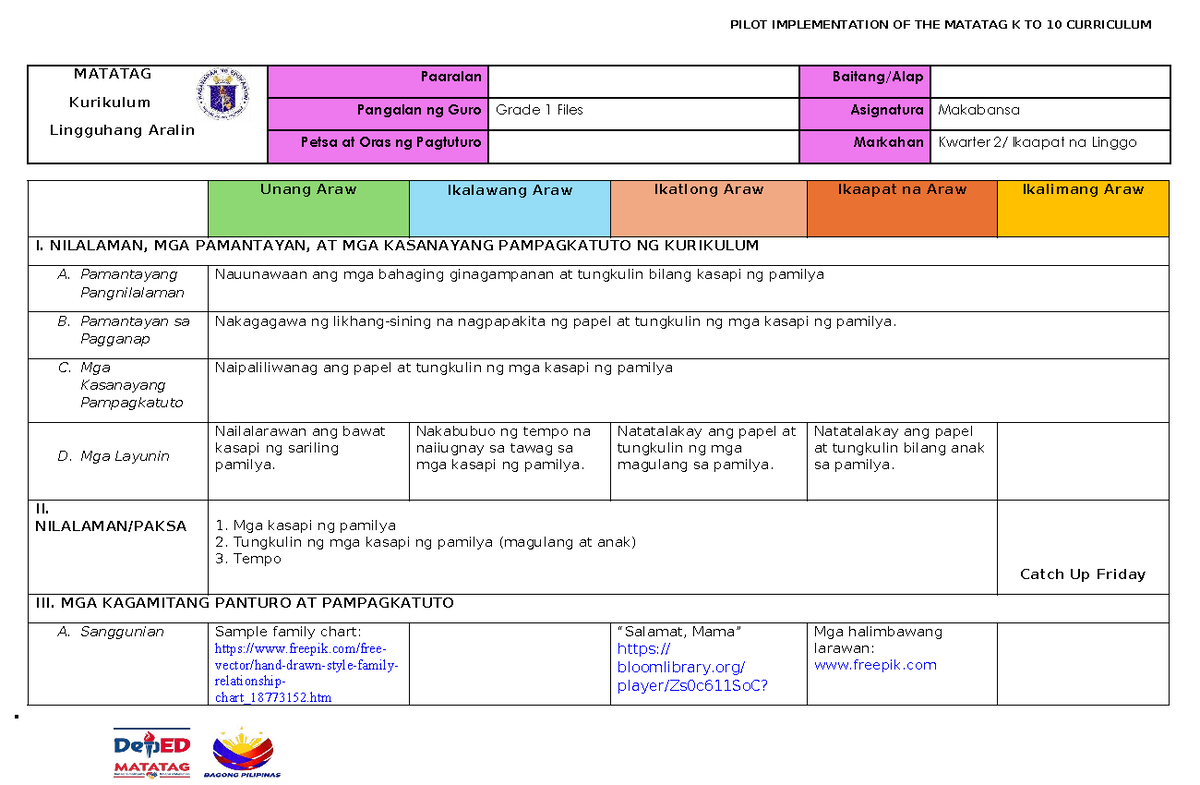 G1-Q2-DLL-WEEK 4: Pilot Implementation ng MATATAG K to 10 Kurikulum - Studocu