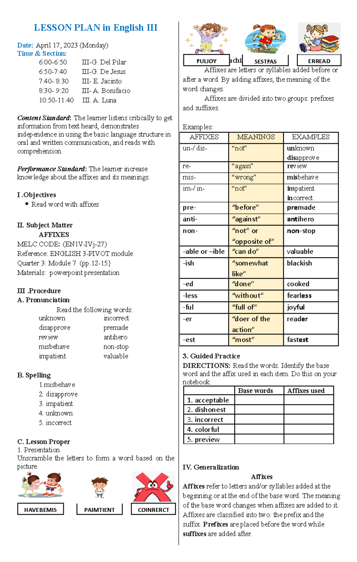 Q3 W9 Affixes DAY 1 4 - LESSON - LESSON PLAN in English III Date: April ...