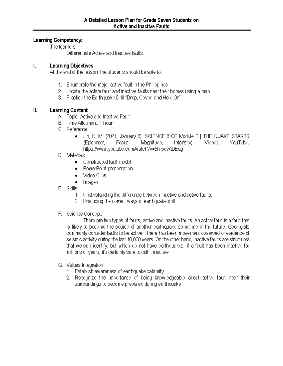 G8 Detailed Lesson Plan: Active vs. Inactive Faults for 7th Grade - Studocu