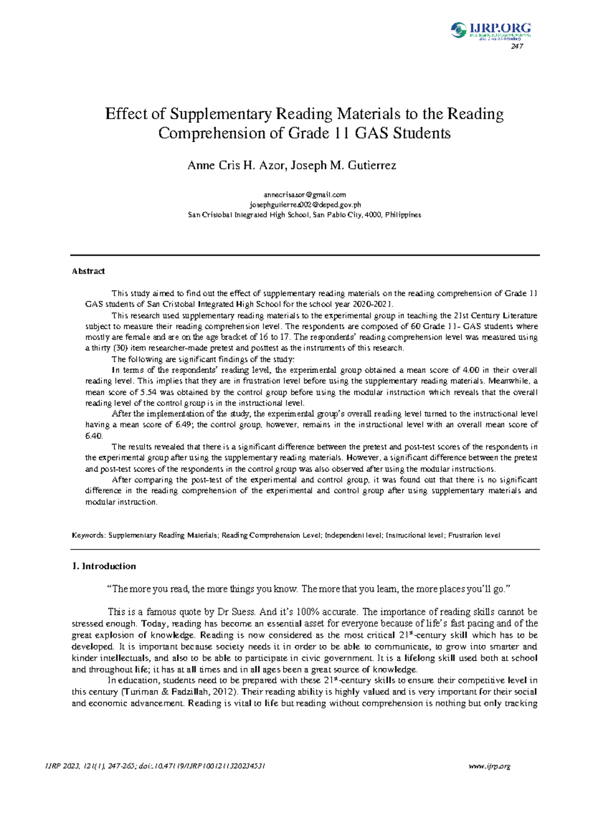 1001211320234531 - Impact of Supplementary Reading on Grade 11 GAS ...