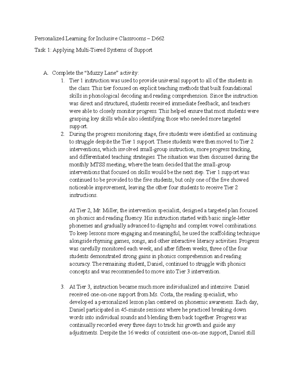 Personalized Learning Strategies in Inclusive Classrooms D662 Task 1 ...