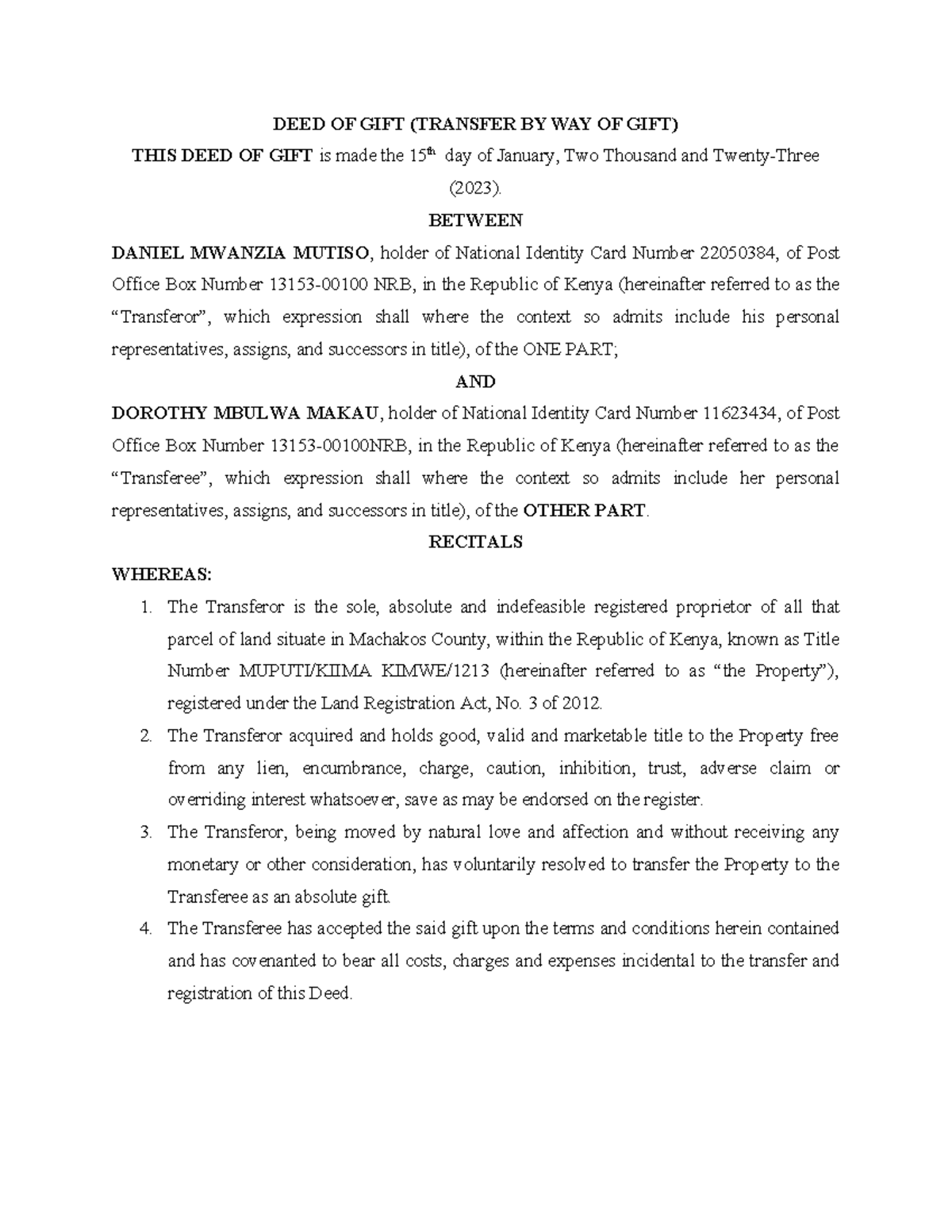 DEED OF GIFT: Transfer of Property from Mutiso to Makau - Studocu