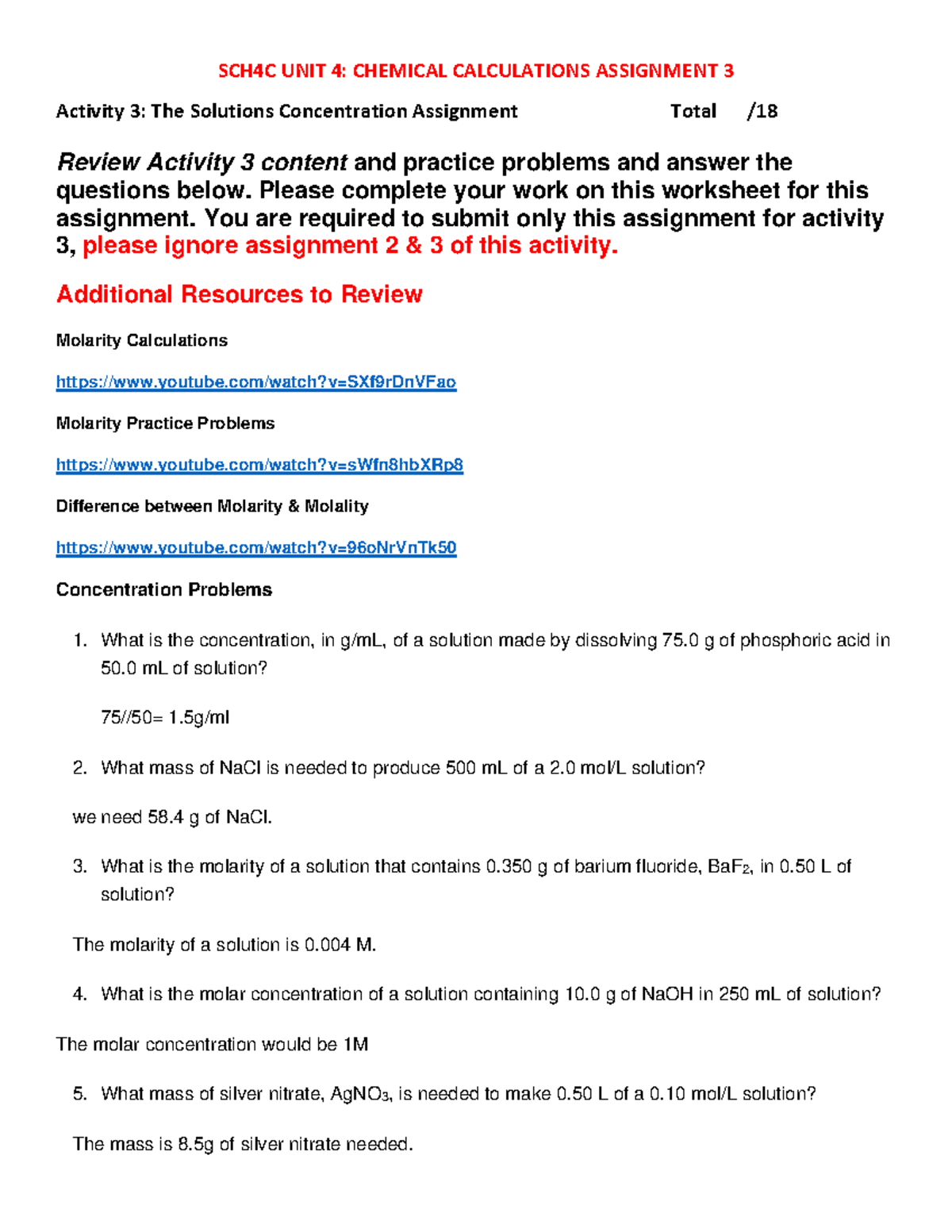 SCH4C UNIT 4 Chemical Calculations Activity 3 Assignment - Studocu