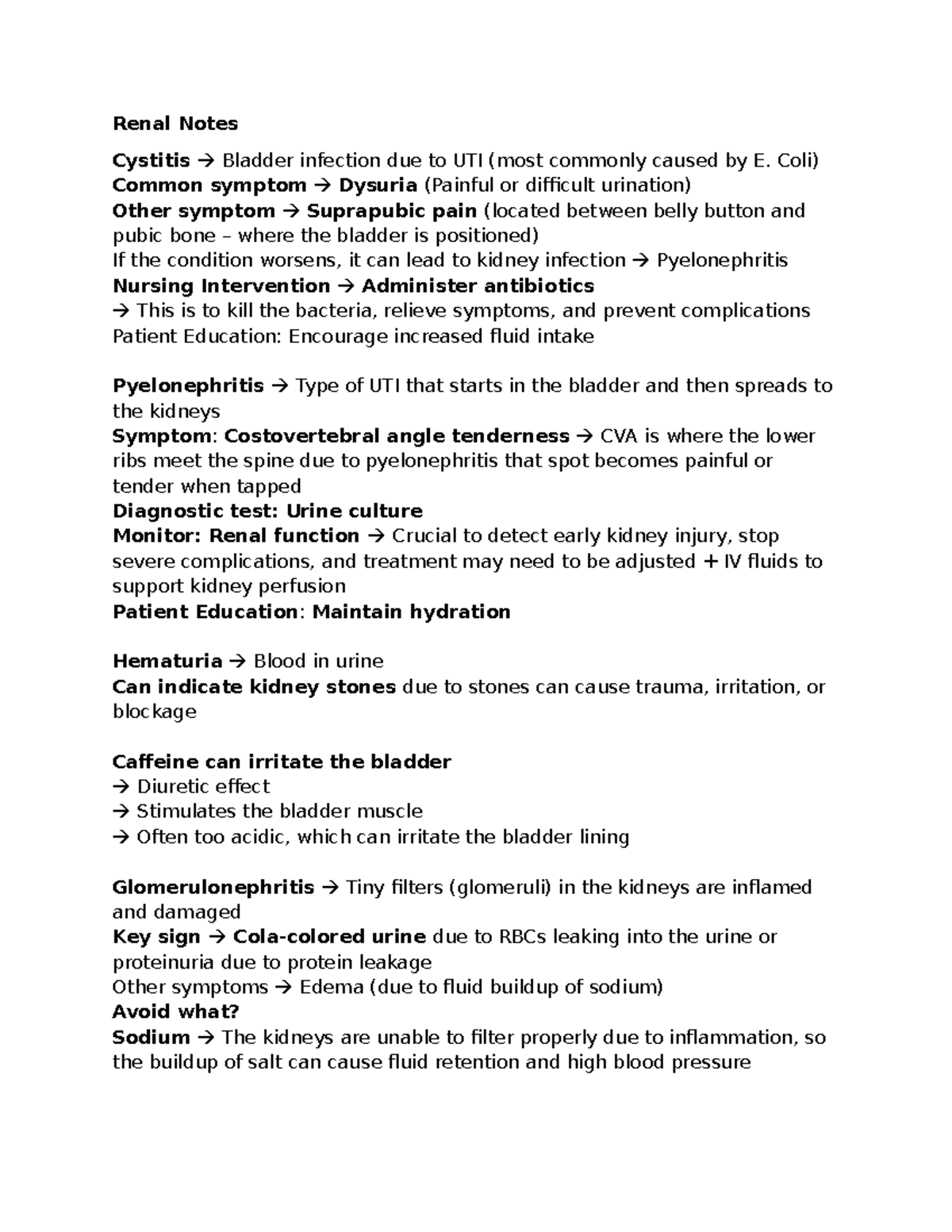 Renal Notes: Cystitis, UTI, and Kidney Health Interventions - Studocu