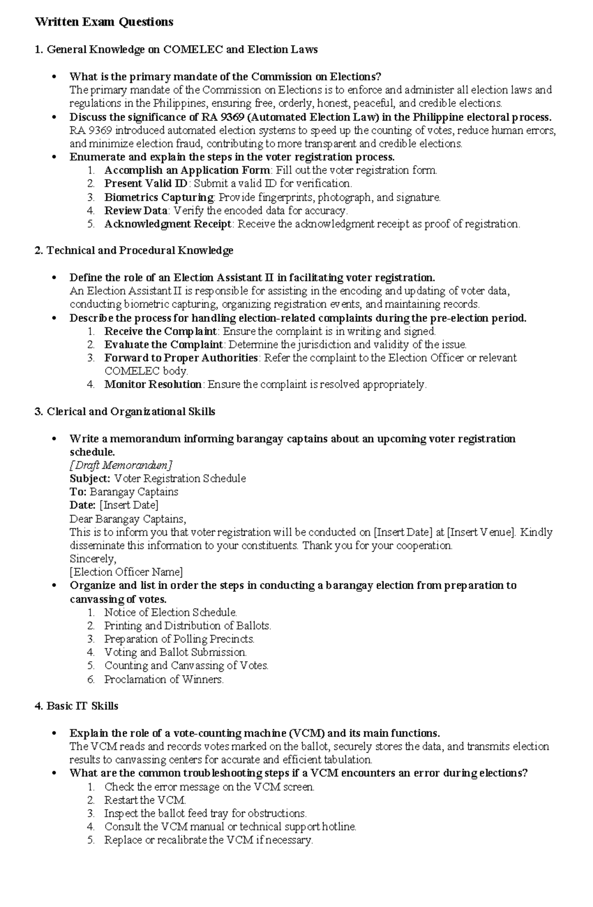 COMELEC Written Exam Questions: Key Topics & Procedures - Studocu
