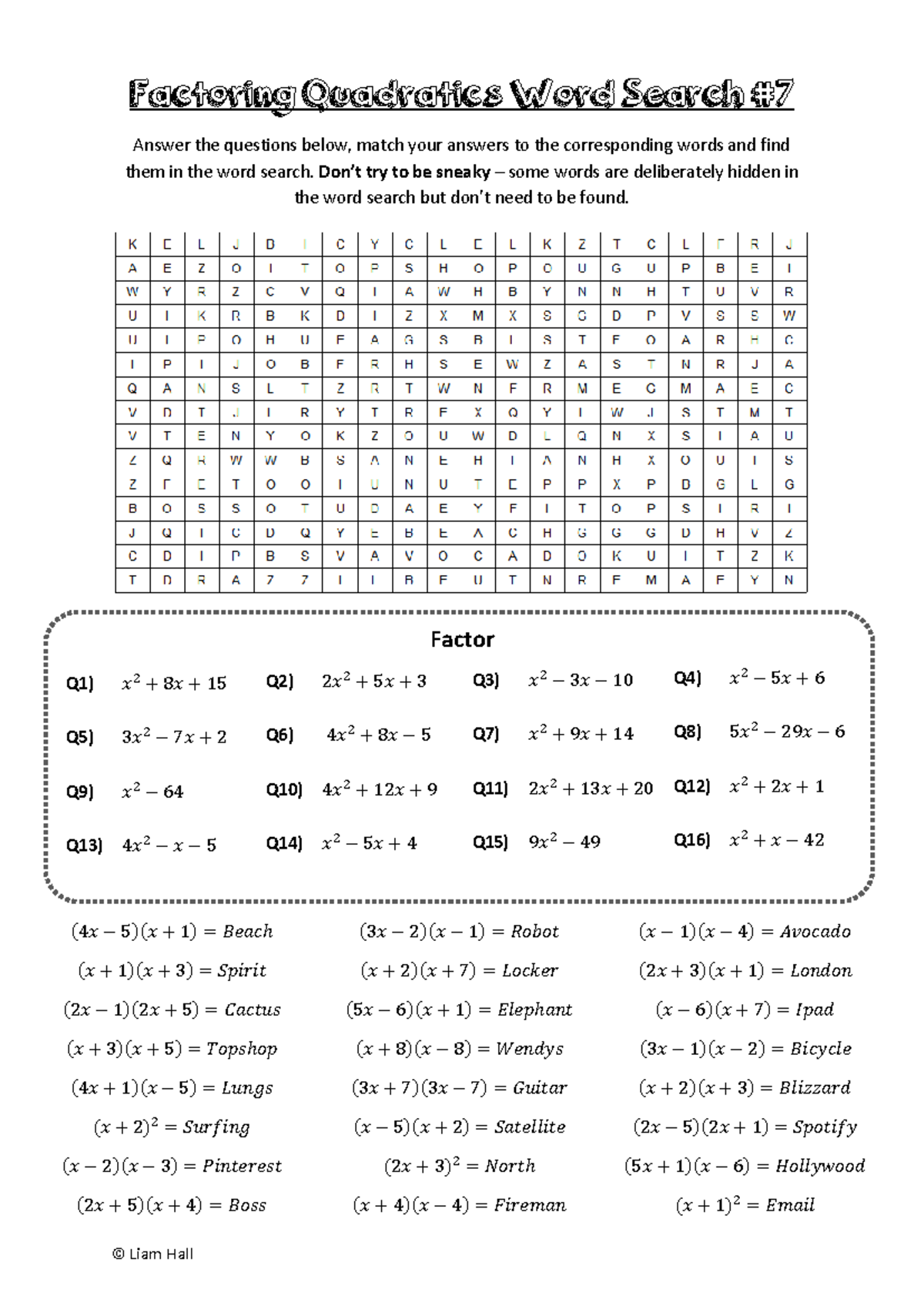 Annotated Algebra Factoring Quadratics Word Search 7 1 1 - © Liam Hall ...