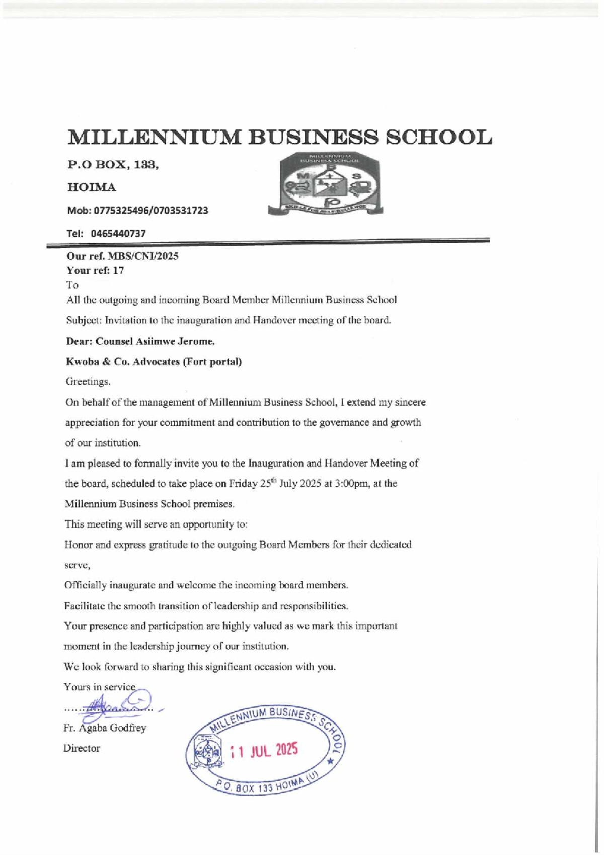 Invitation to Inauguration & Handover Meeting - MBS 2025 - Studocu