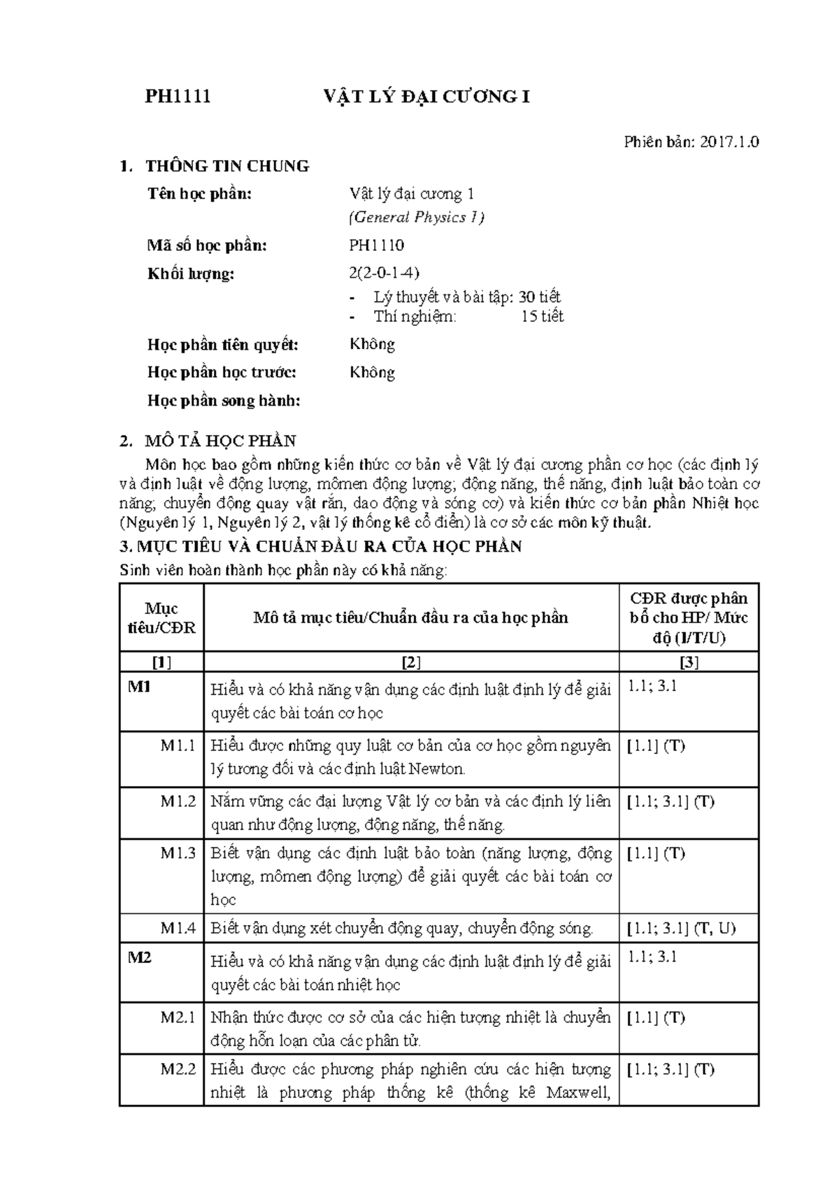 2017 .1.0 VLĐC 1-PH1111 - PH1111 V¾T LÝ Đ¾I C ̄¡NG I Phiên b¿n: 2017. 1 ...