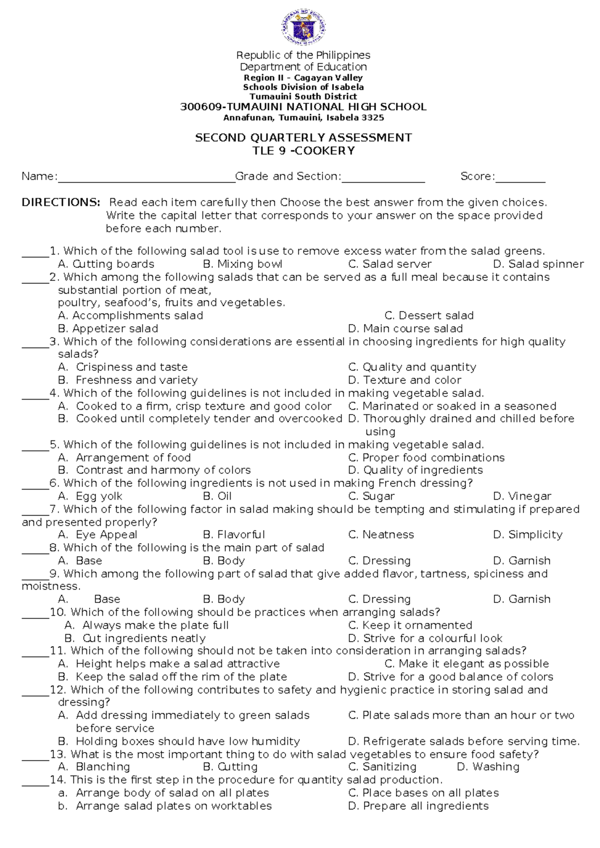 G9-TLE Cookery 2nd Quarter Exam Review and Questions - Studocu