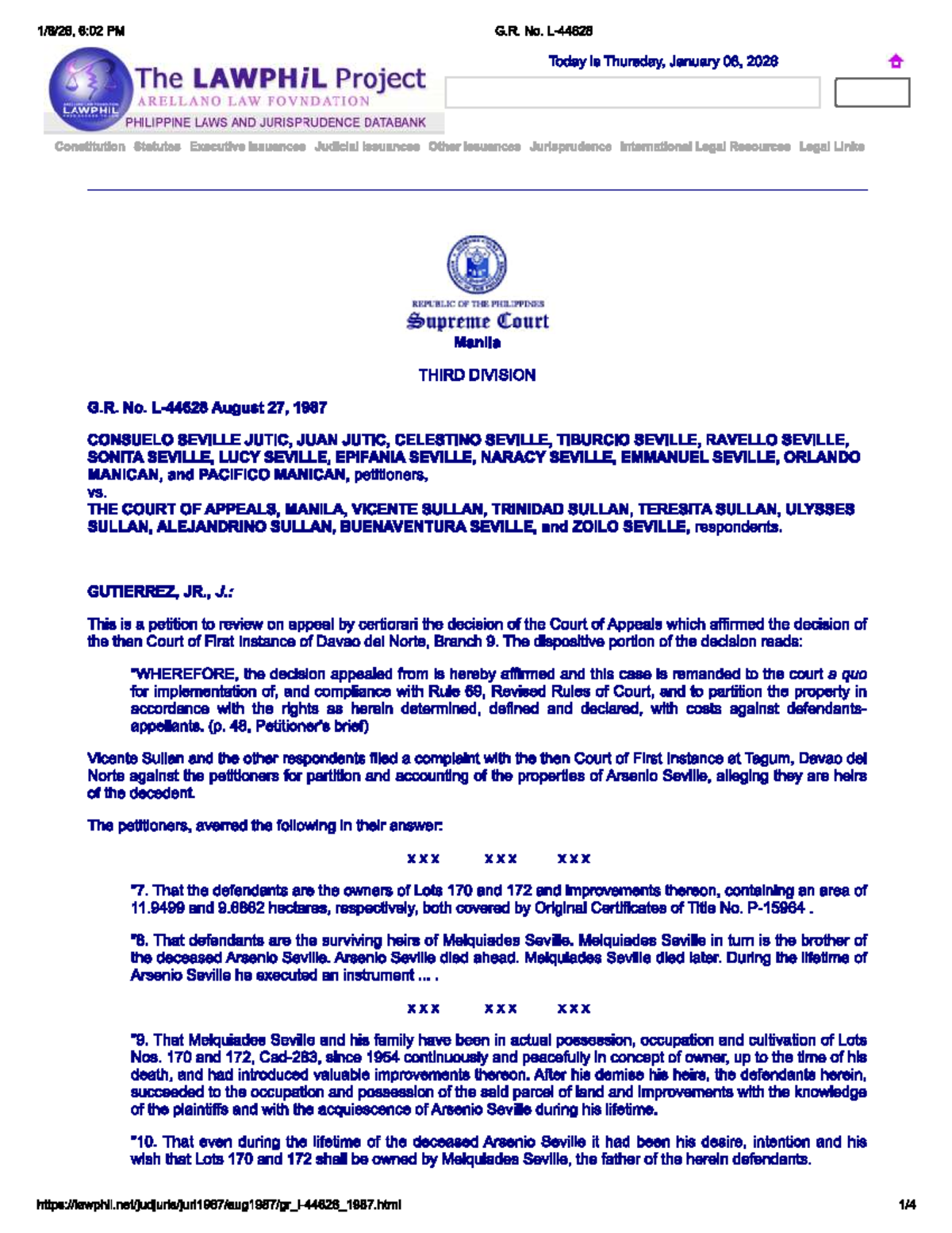 Jutic vs. CA: G.R. No. L-44628 Case Review (August 27, 1987) - Studocu