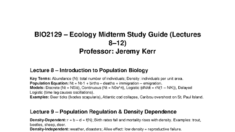 BIO2129 Ecology Midterm Study Guide: Key Concepts & Models - Studocu