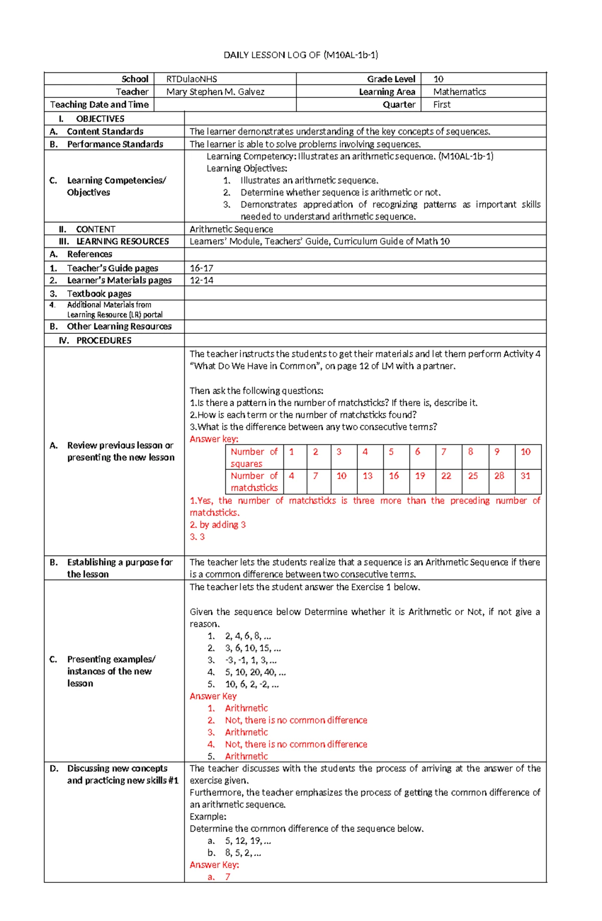 M10AL - Lesson Plan: Sequences and Patterns for Week 1 - Studocu
