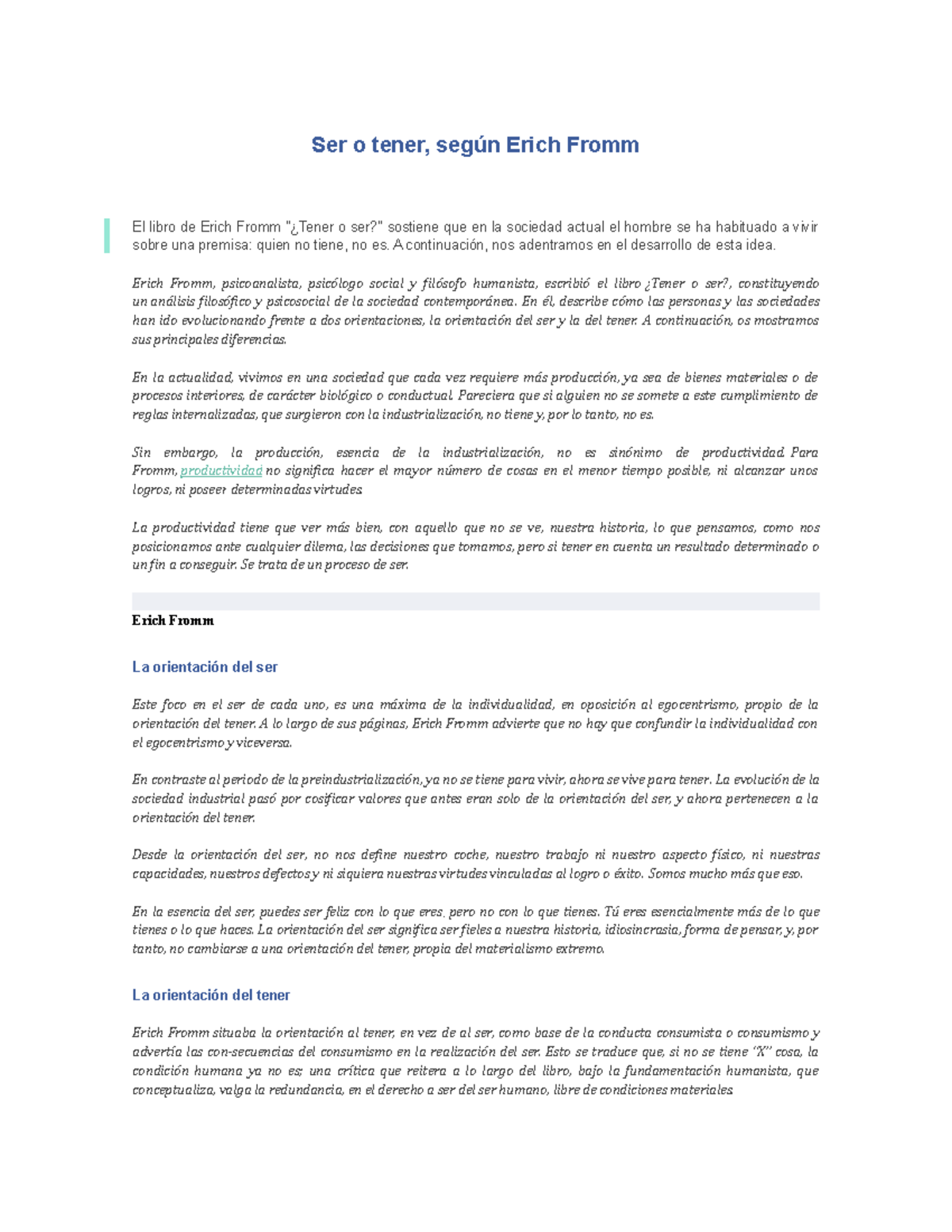 Ser o tener - Apuntes - Ser o tener, según Erich Fromm El libro de ...
