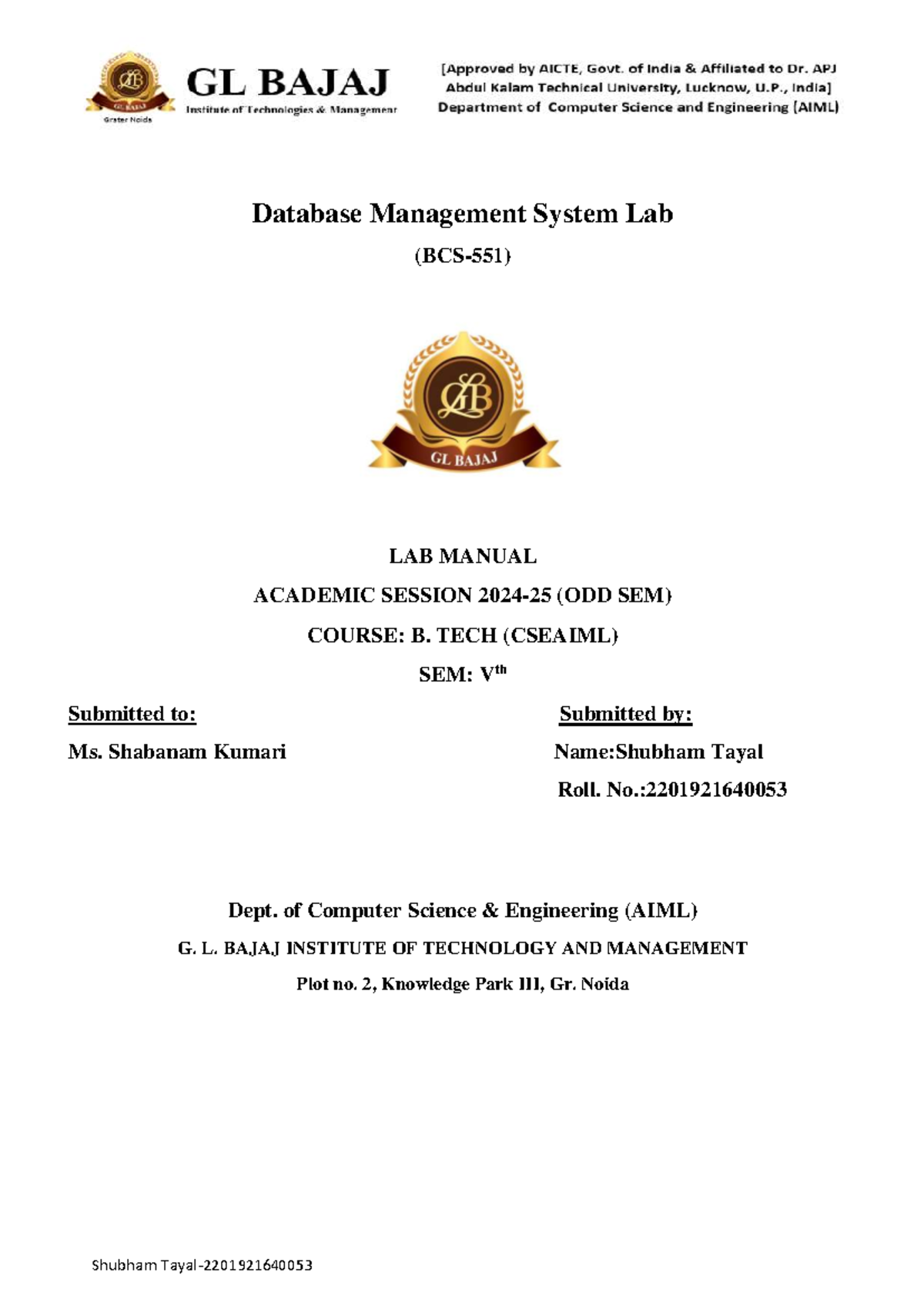 DBMS Lab Manual (B. TECH CSEAIML) - ODD SEM Academic Session - Studocu