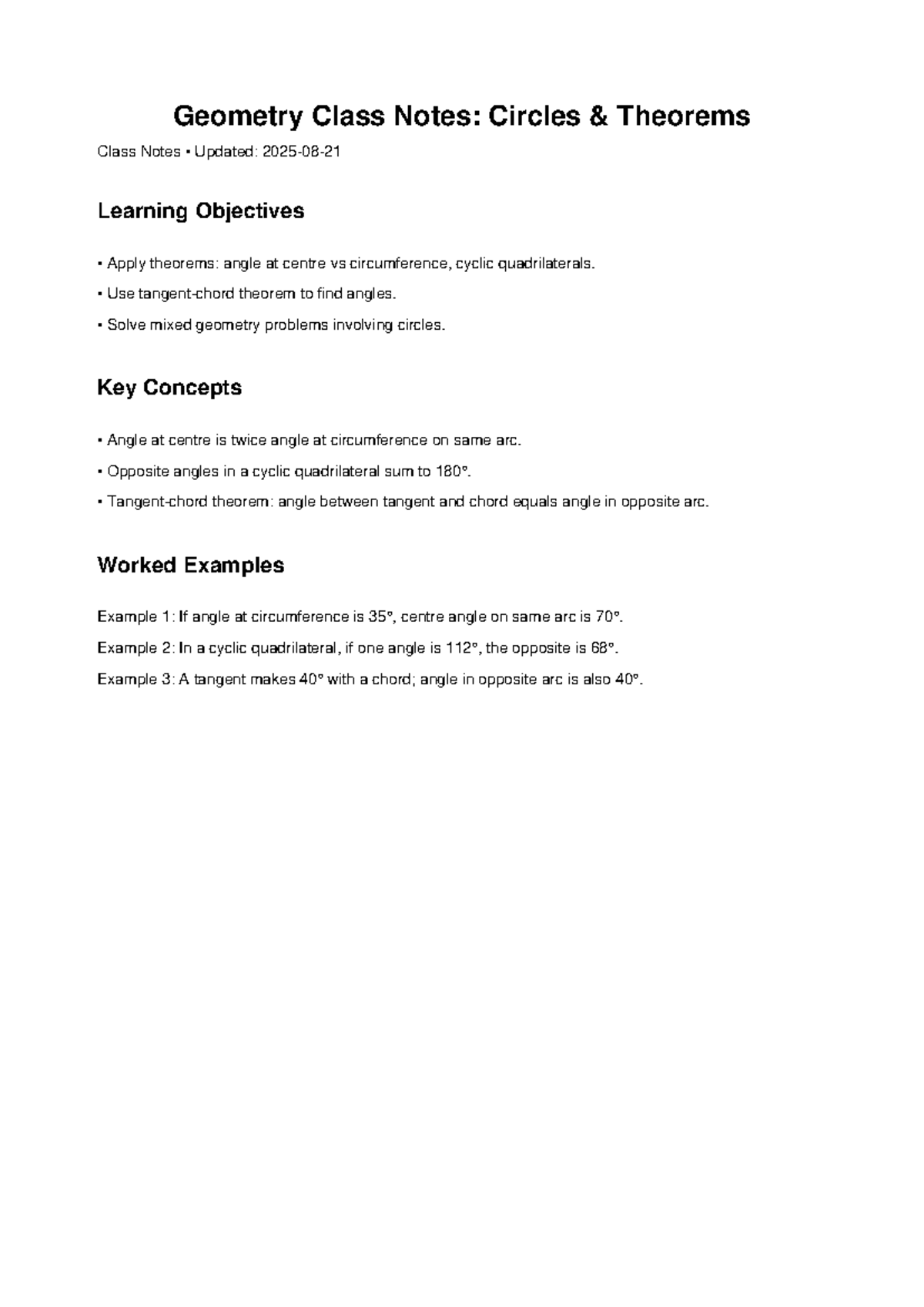 Geometry Class Notes: Circles Theorems & Key Concepts - Studocu