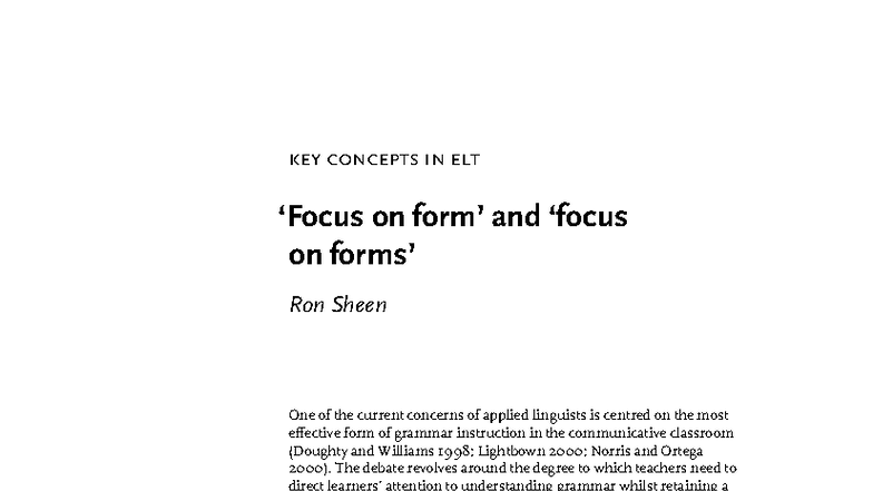 Key Concepts in ELT: Focus on Form vs. Focus on Forms (ELT 101) - Studocu