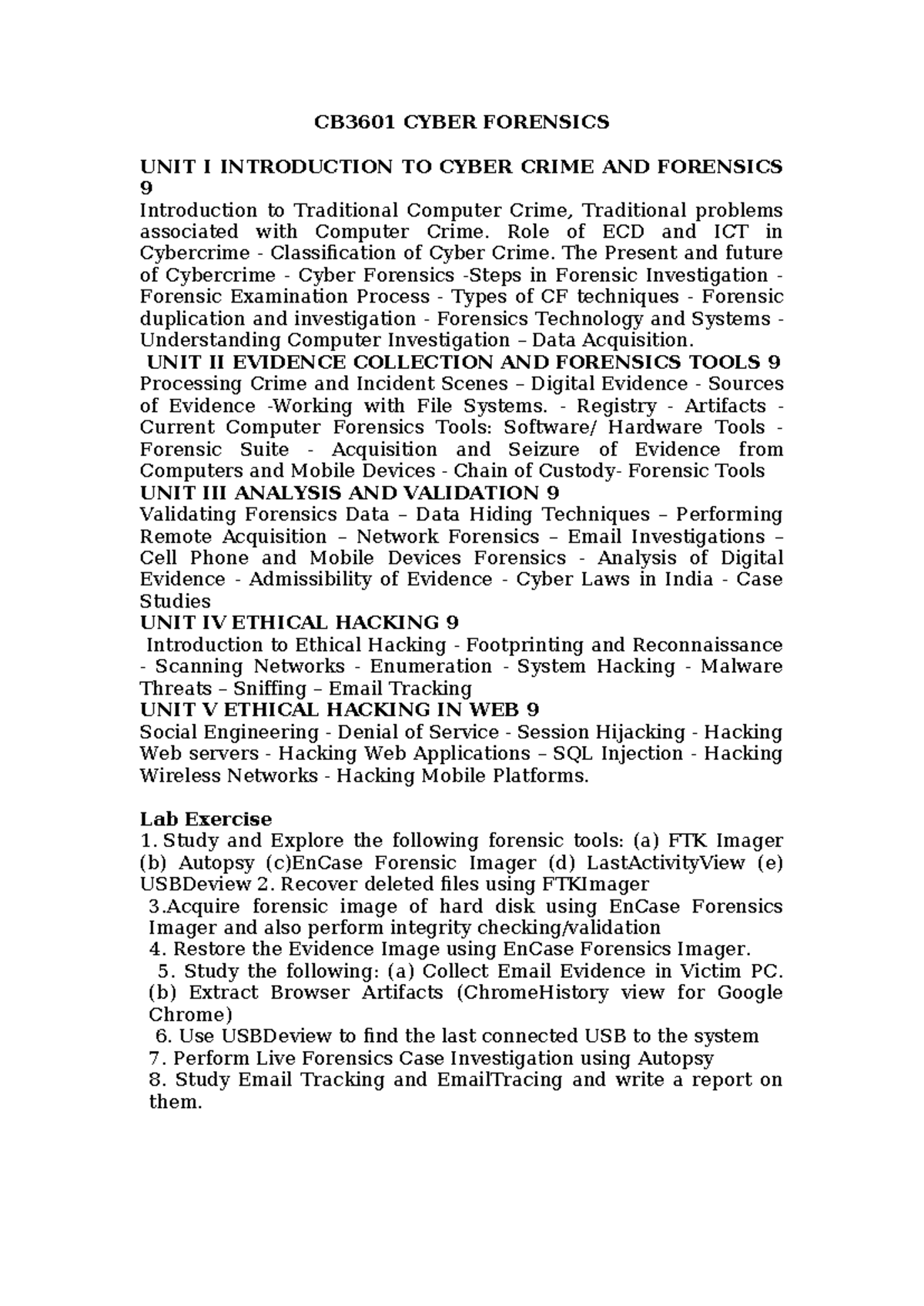 CB3601 Cyber Forensics: Comprehensive Study & Lab Exercises - Studocu
