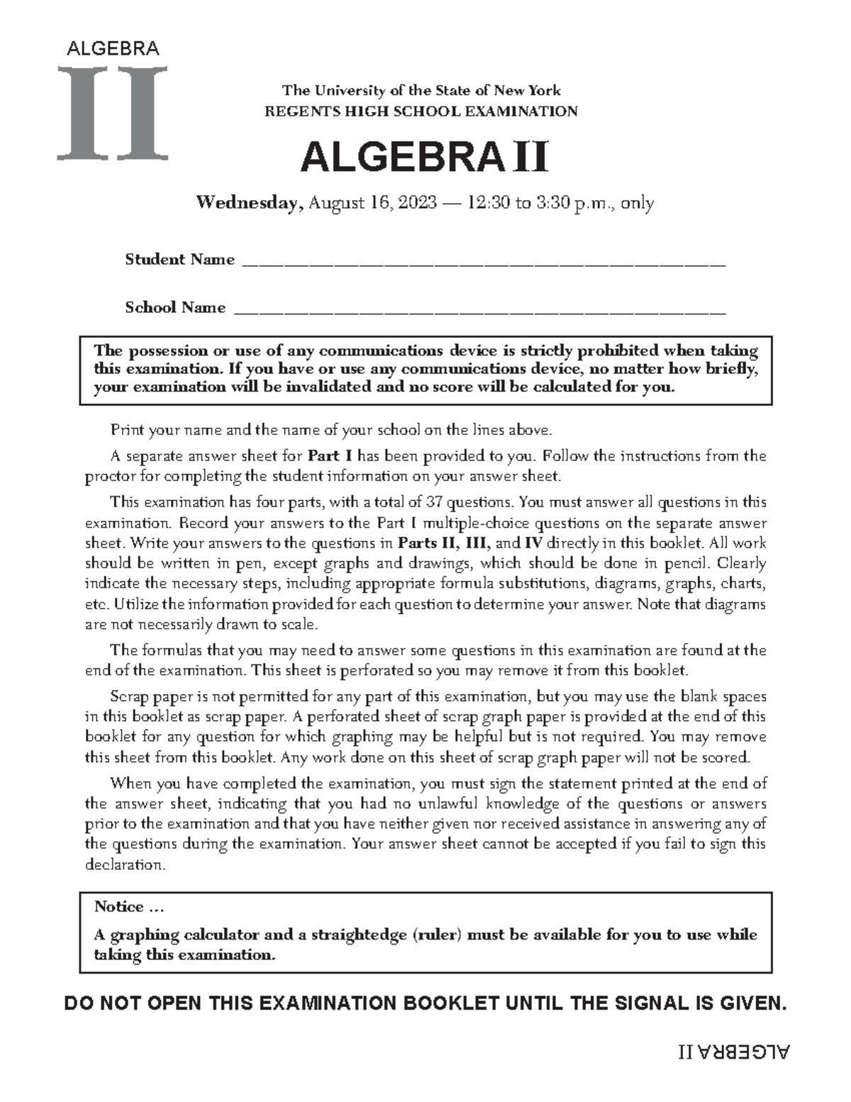 Algebra II Regents Exam - August 2023: Comprehensive Review Guide - Studocu