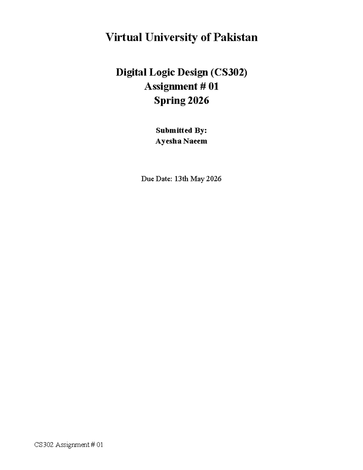 CS302 Digital Logic Design Assignment 01 - Spring 2026 - Studocu