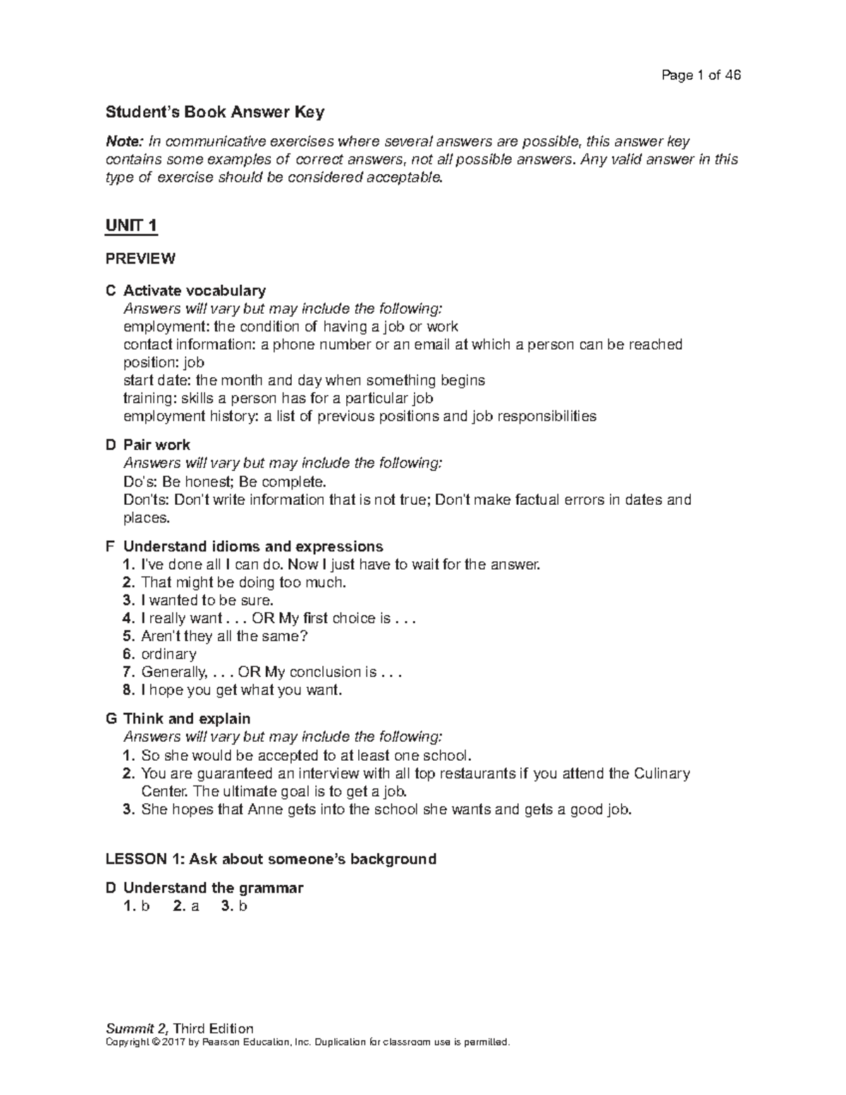 Summit 2, Third Edition: Answer Key and Vocabulary Practice - Studocu