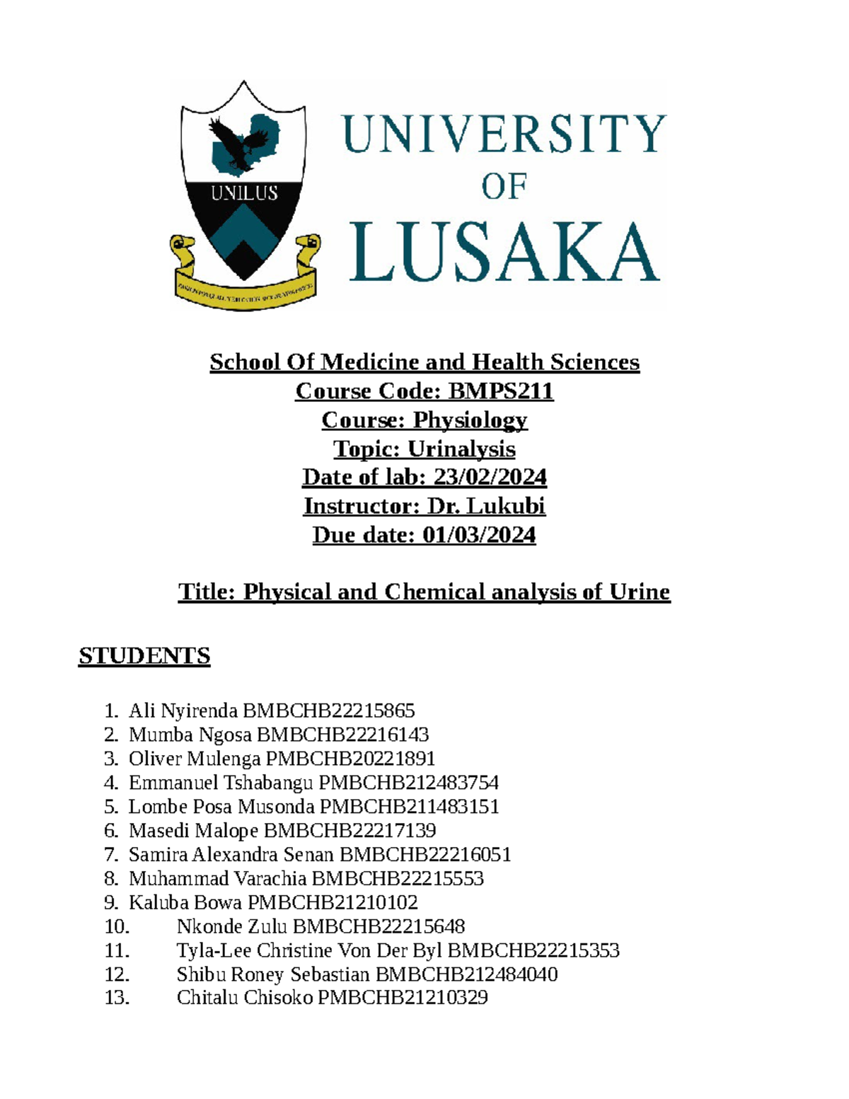 BMPS211 Urinalysis Lab Report: Physical & Chemical Analysis of Urine ...