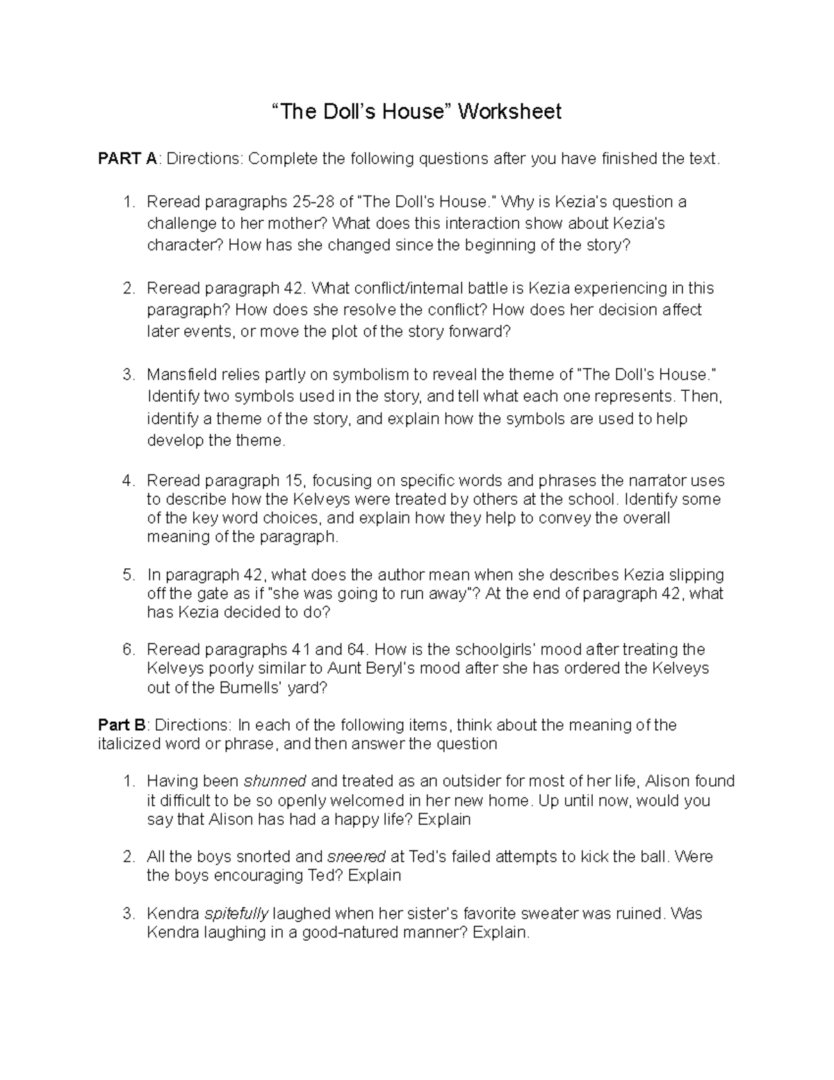 ENG 101 - "The Doll’s House" Analysis Worksheet with Questions - Studocu