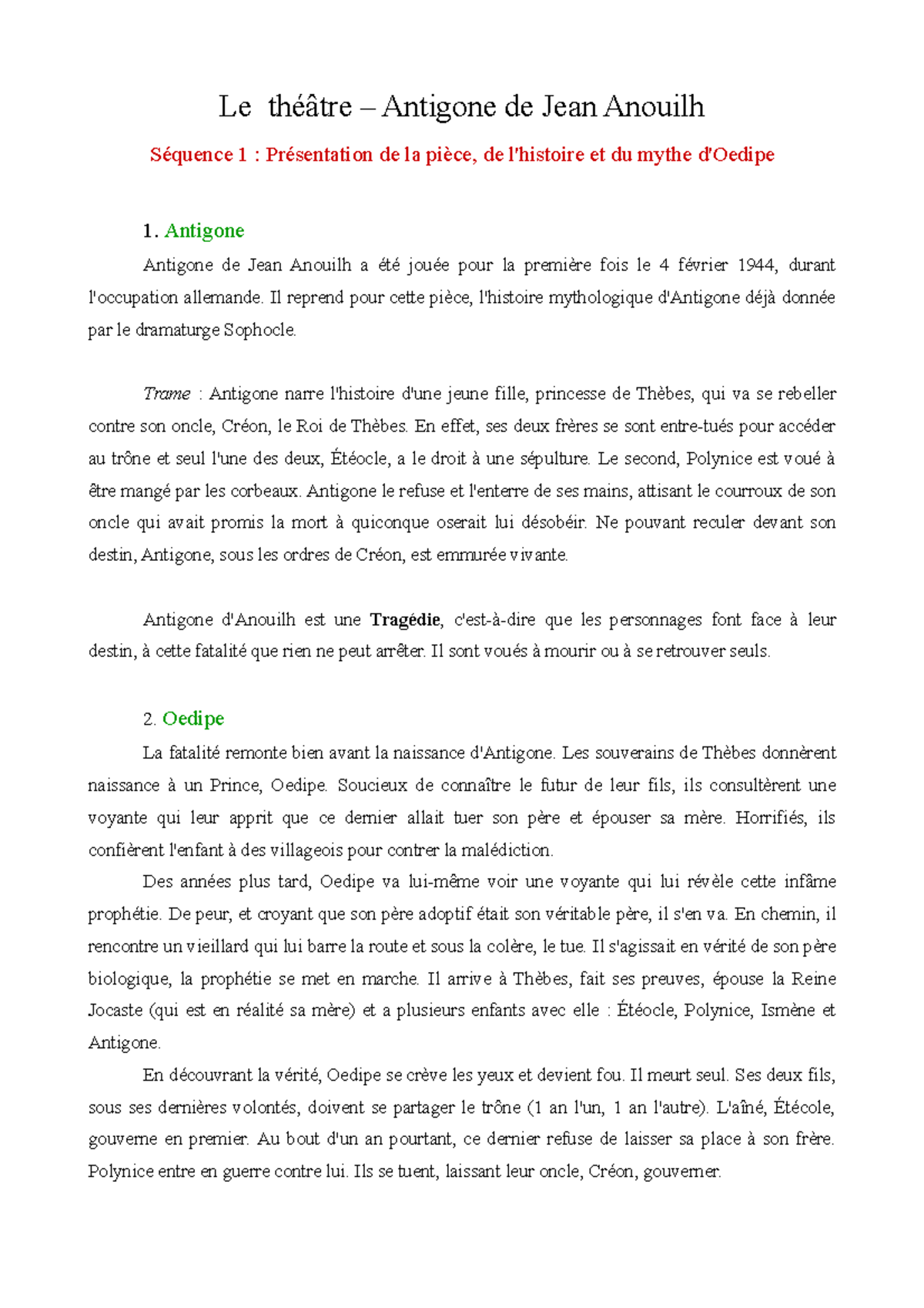 Analyse de "Antigone" d'Anouilh - Cours de Théâtre - Studocu