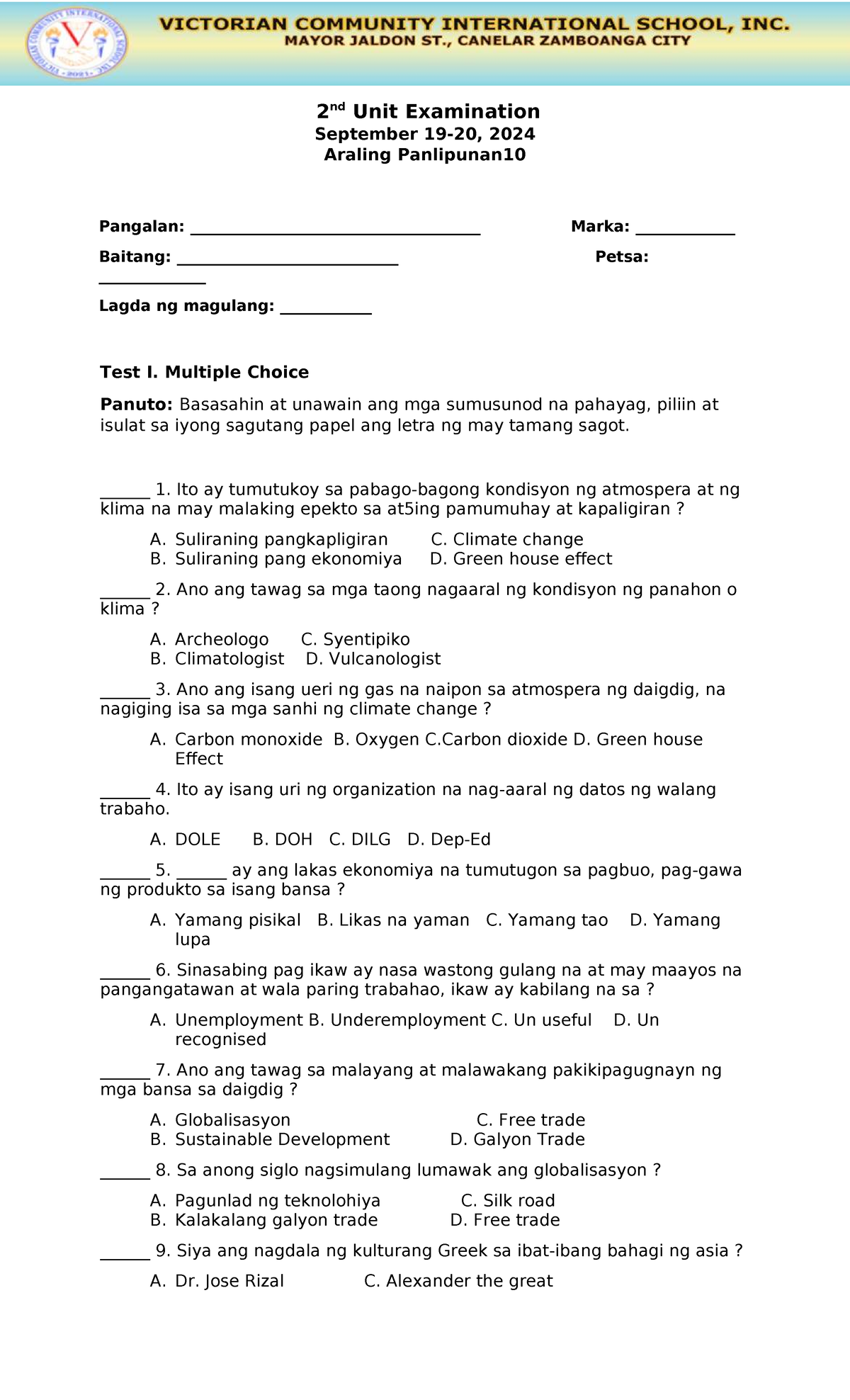 2nd Unit Examination September 2024 Araling Panlipunan 10 - Studocu