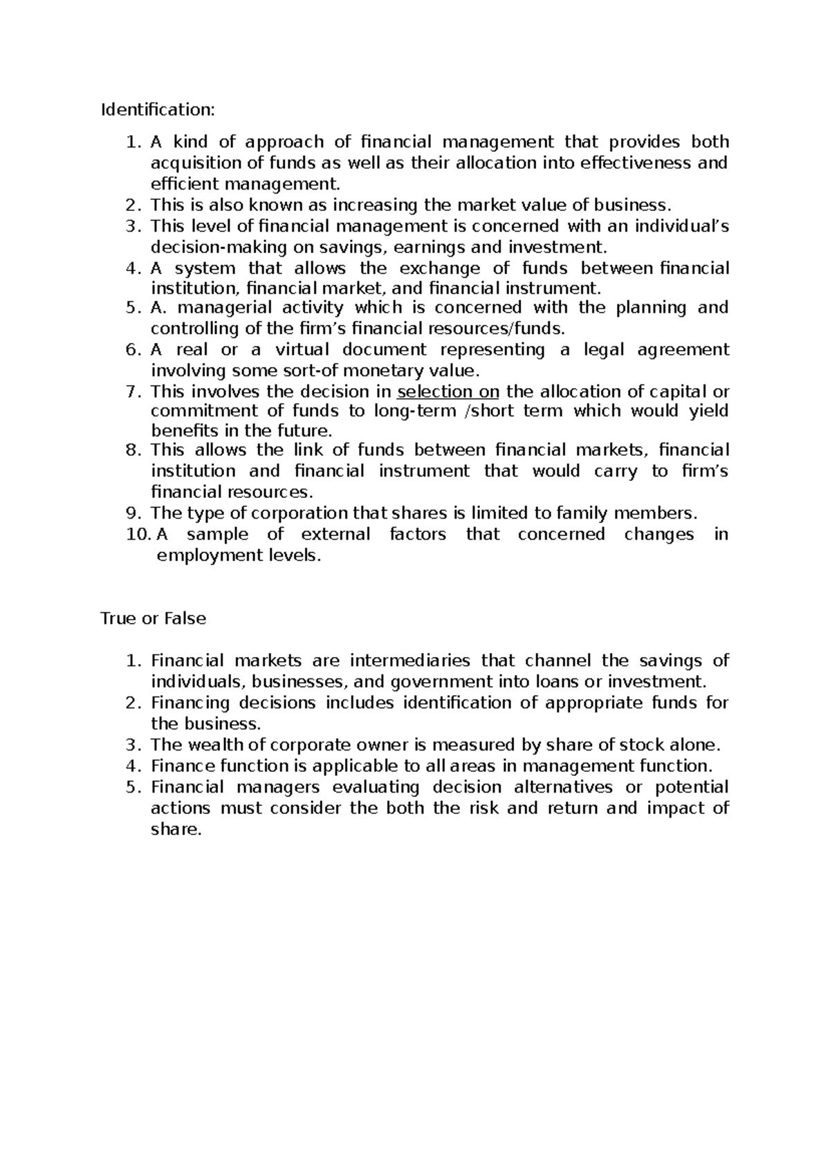 BF-Quiz-1-2024: Key Concepts in Financial Management - Studocu