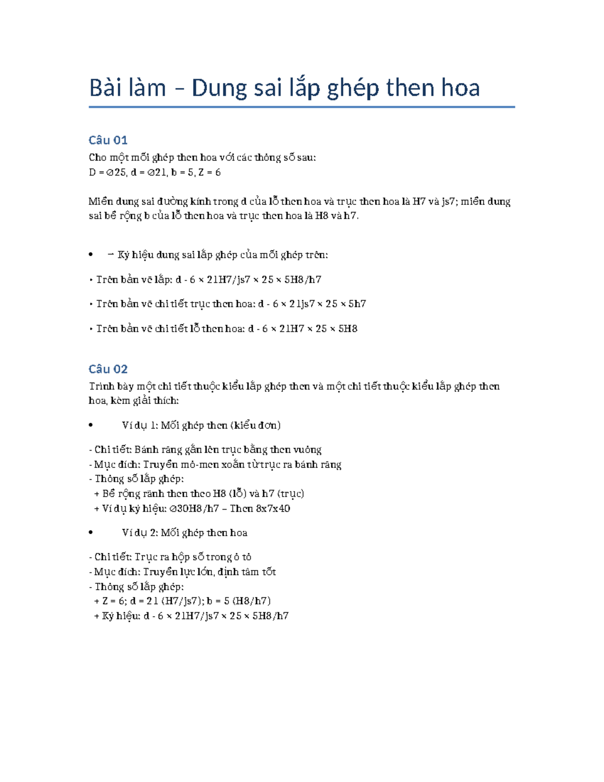 Bài làm Dung sai lắp ghép then hoa - Câu hỏi và Giải thích - Studocu