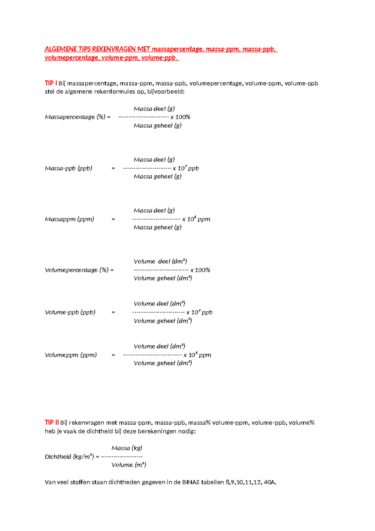 Rekentips voor massaperc, ppm, ppb en volumeperc uitleg en voorbeelden - Studeersnel