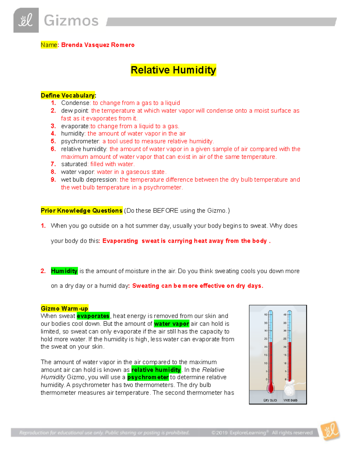 Answers to the Relative Humidity Gizmos Lab - Name : Brenda Vasquez ...
