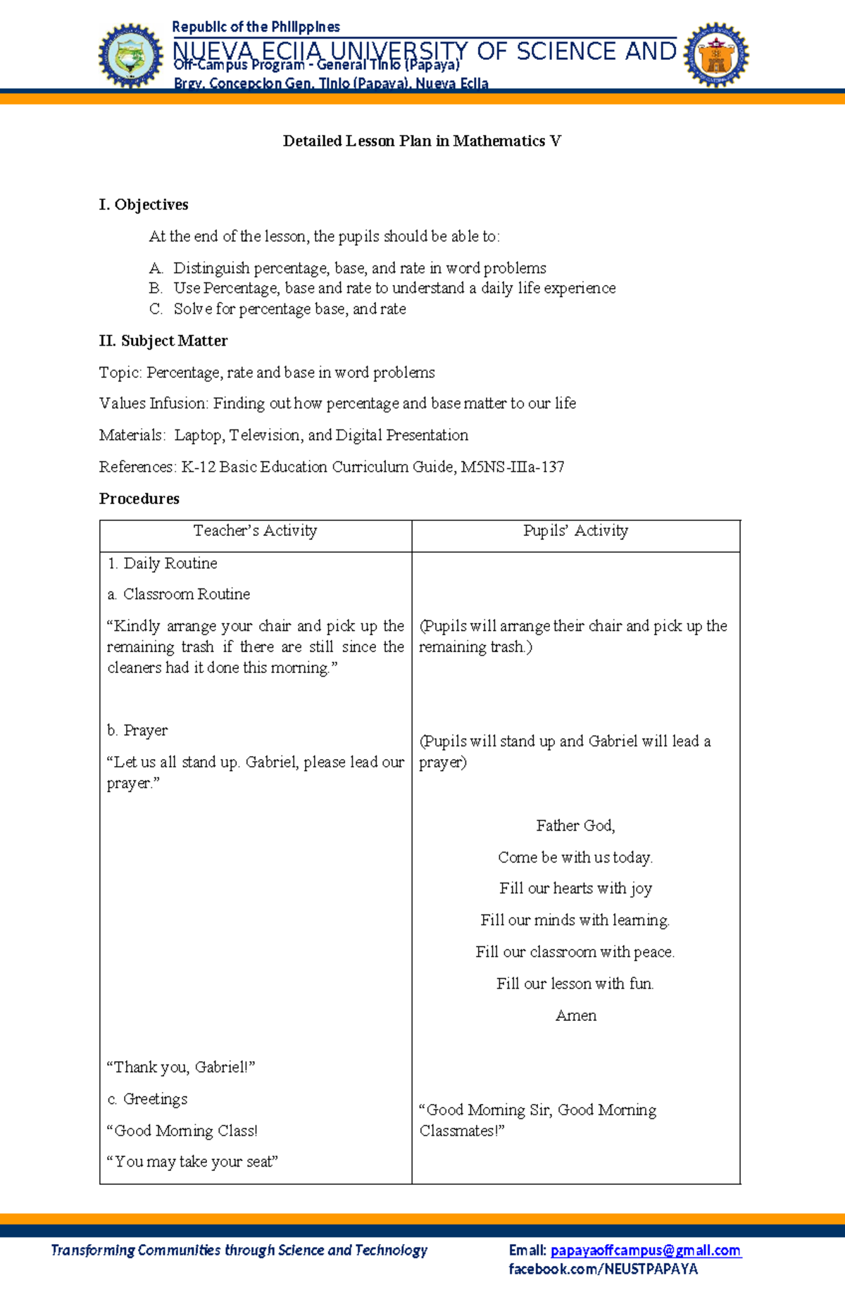 Detailed Lesson Plan for Mathematics V: Understanding Percentages - Studocu